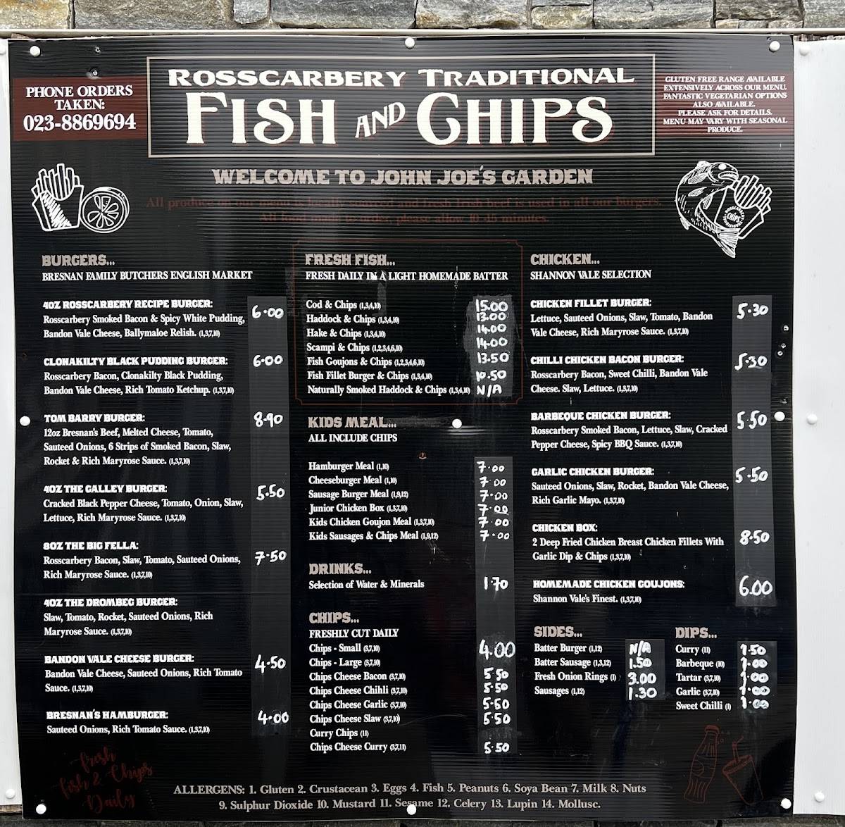 Menu at Rosscarbery Traditional Fish and Chips fast food, Ireland