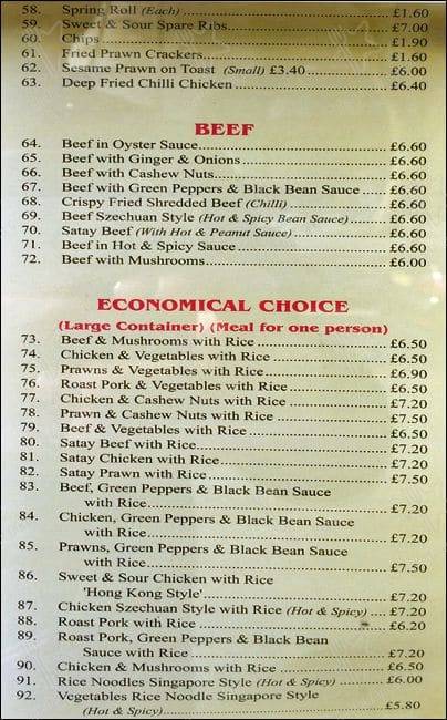 Menu at Sun Sun fast food, London, 94 Clapham High St