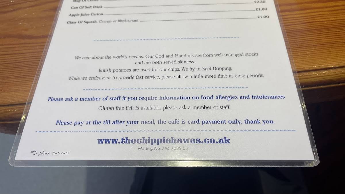 Menu at The Chippie fast food, Hawes