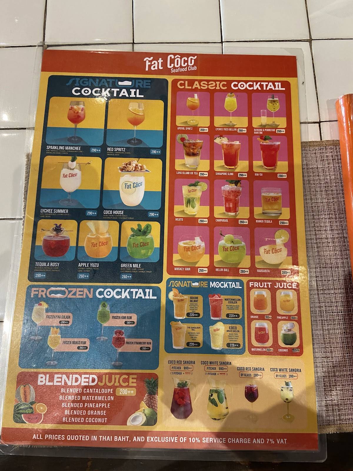 Menu at Fat Coco Seafood Club, Pattaya City