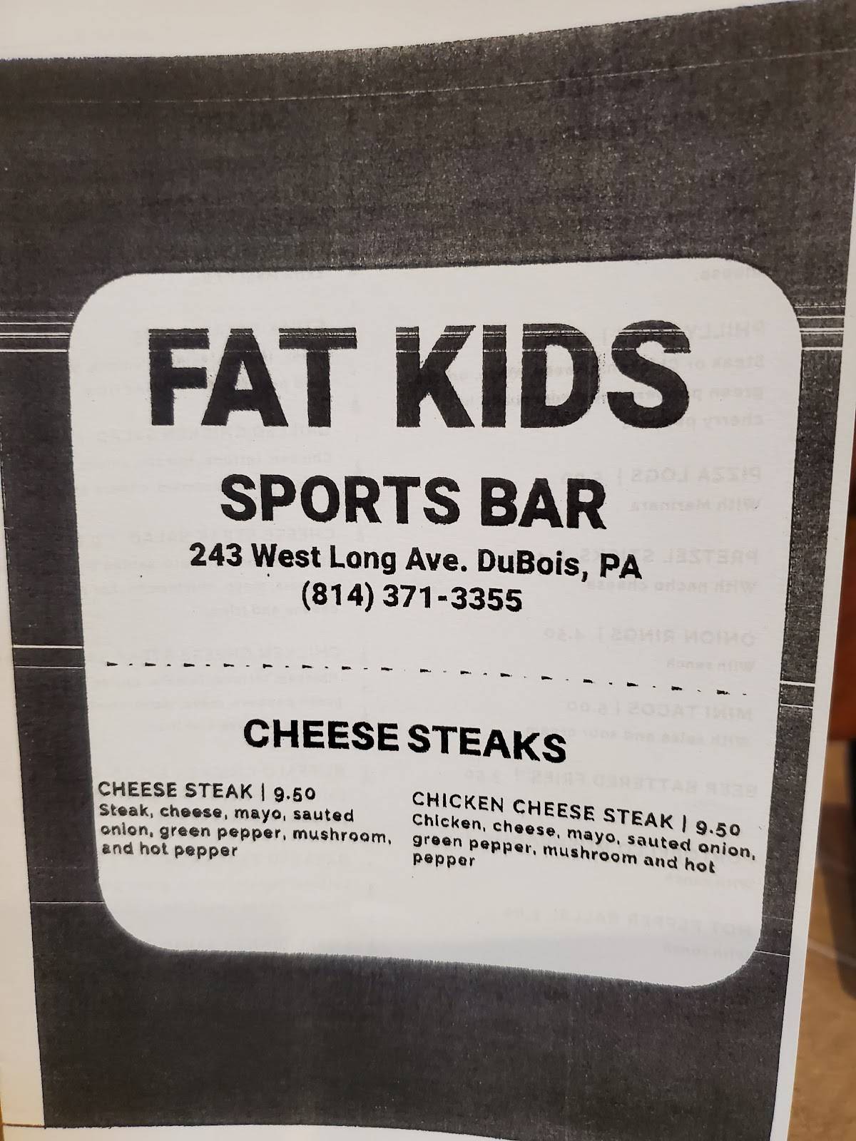 Menu at Fat Kid's Sports Bar, DuBois