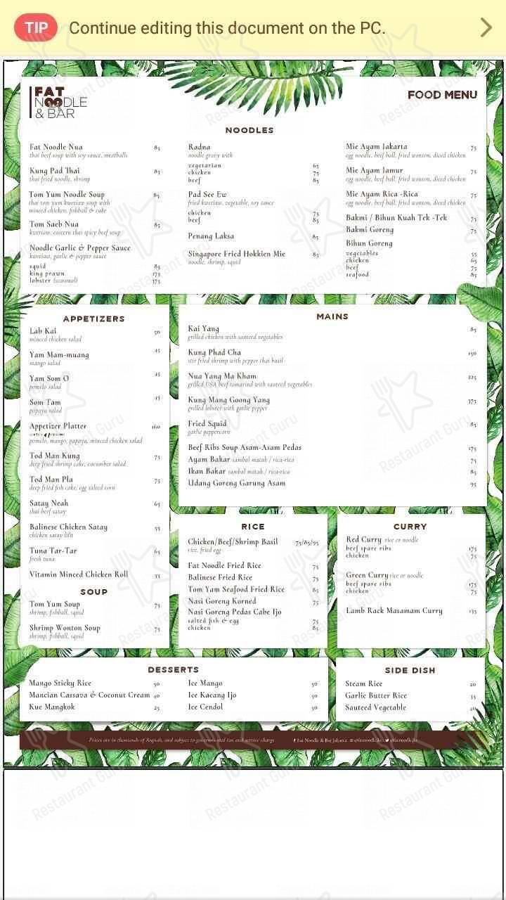 Menu at Fat Noodle & Bar, Jakarta