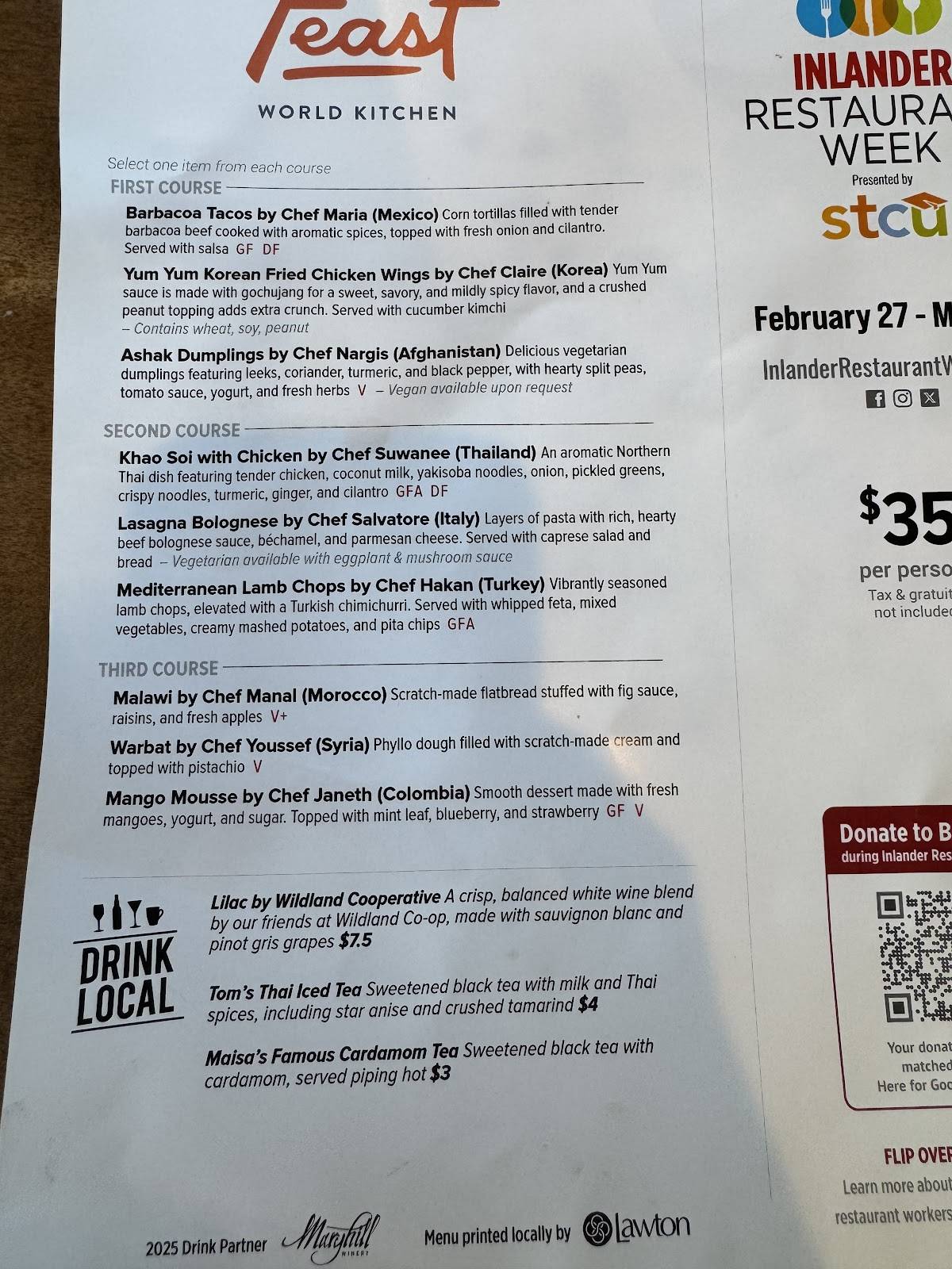 Menu at Feast World Kitchen restaurant, Spokane