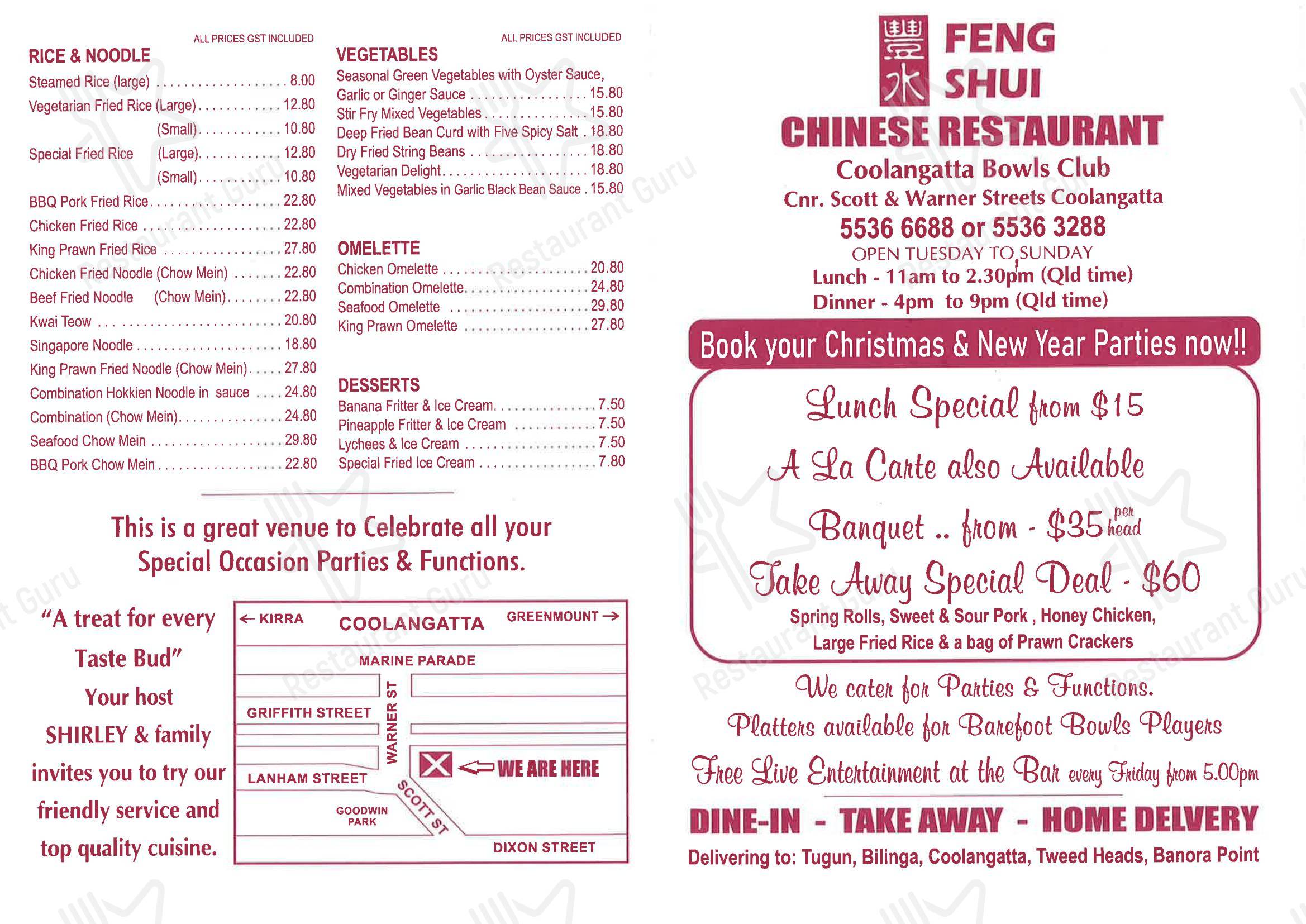 Menu at Feng Shui Chinese Restaurant, Coolangatta, Scott St