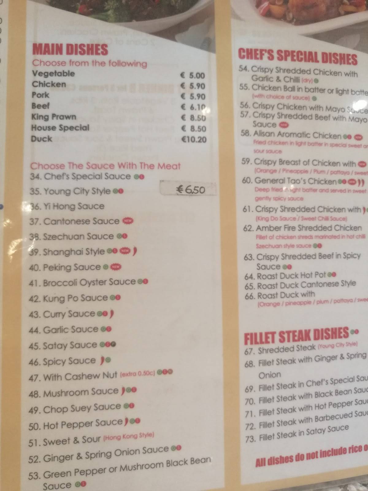 Menu at Hong Kong Chinese Restaurant, Fermoy