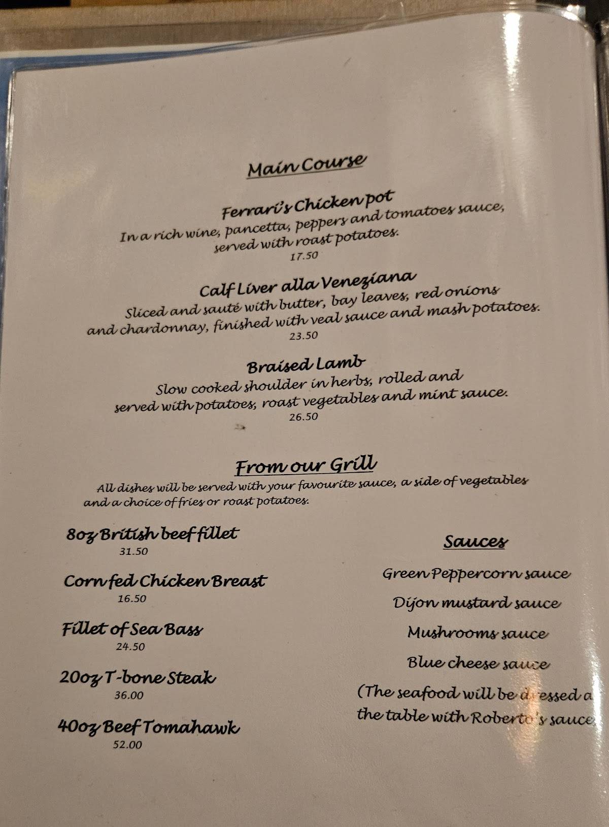 Menu at Ferrari's Trattoria Restaurant, Loughborough