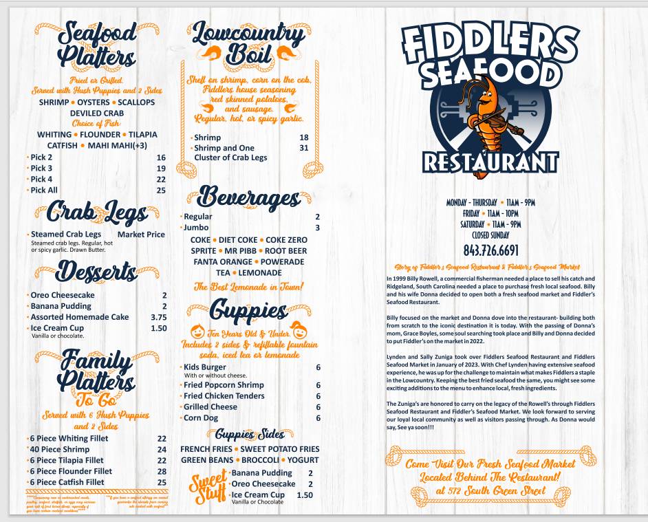 Menu at Fiddlers Seafood Restaurant, Ridgeland, W Main St