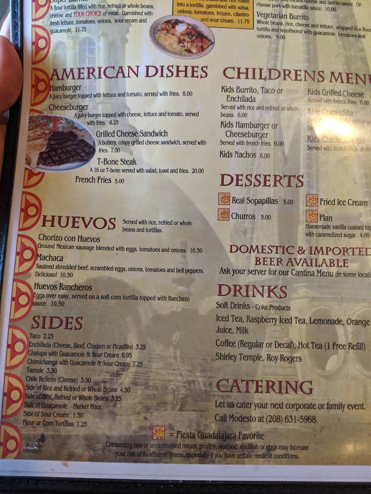 Menu at Fiesta Guadalajara restaurant, Nampa