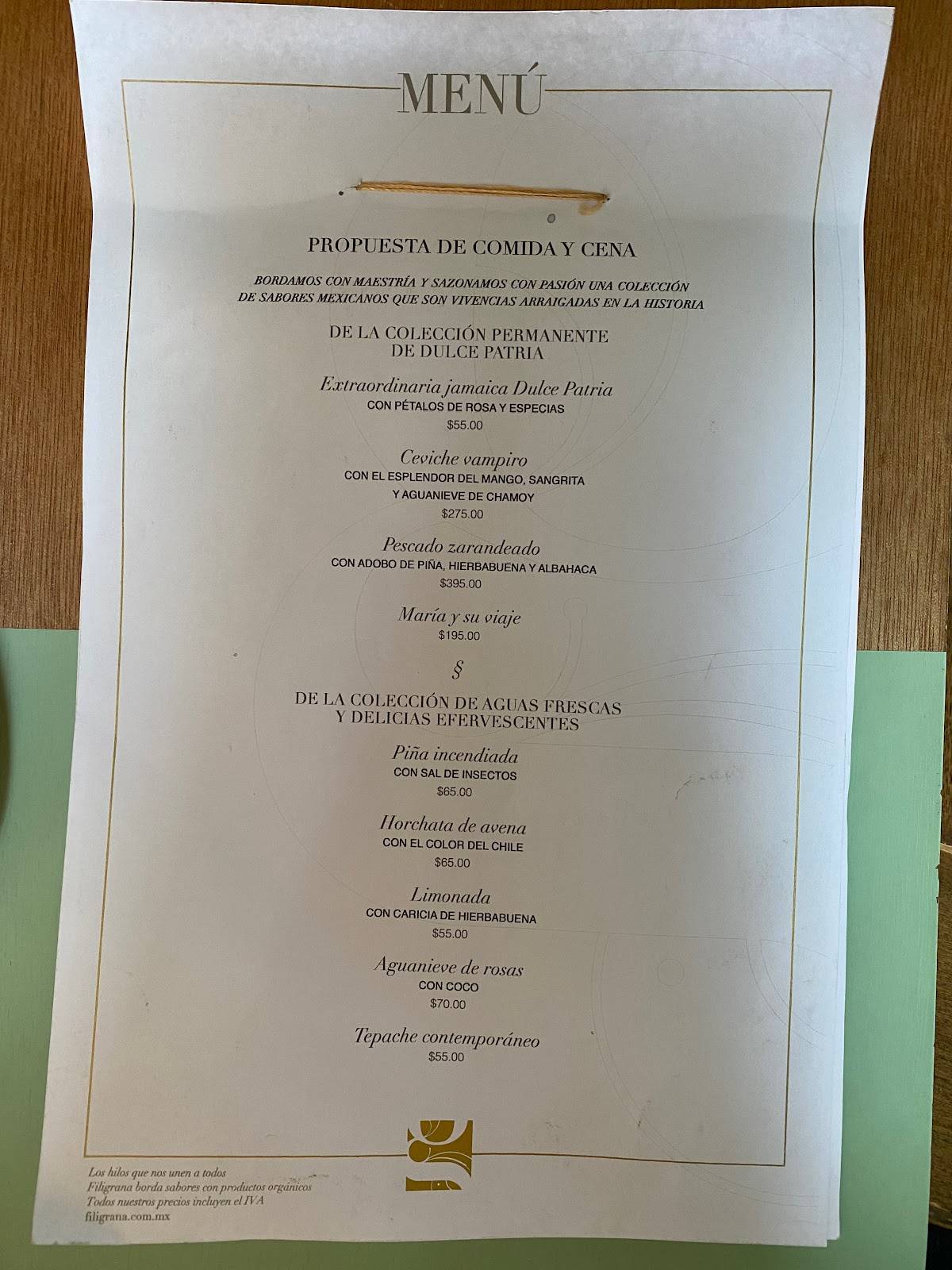 Carta del restaurante Filigrana, Ciudad del México, Av. Veracruz 62