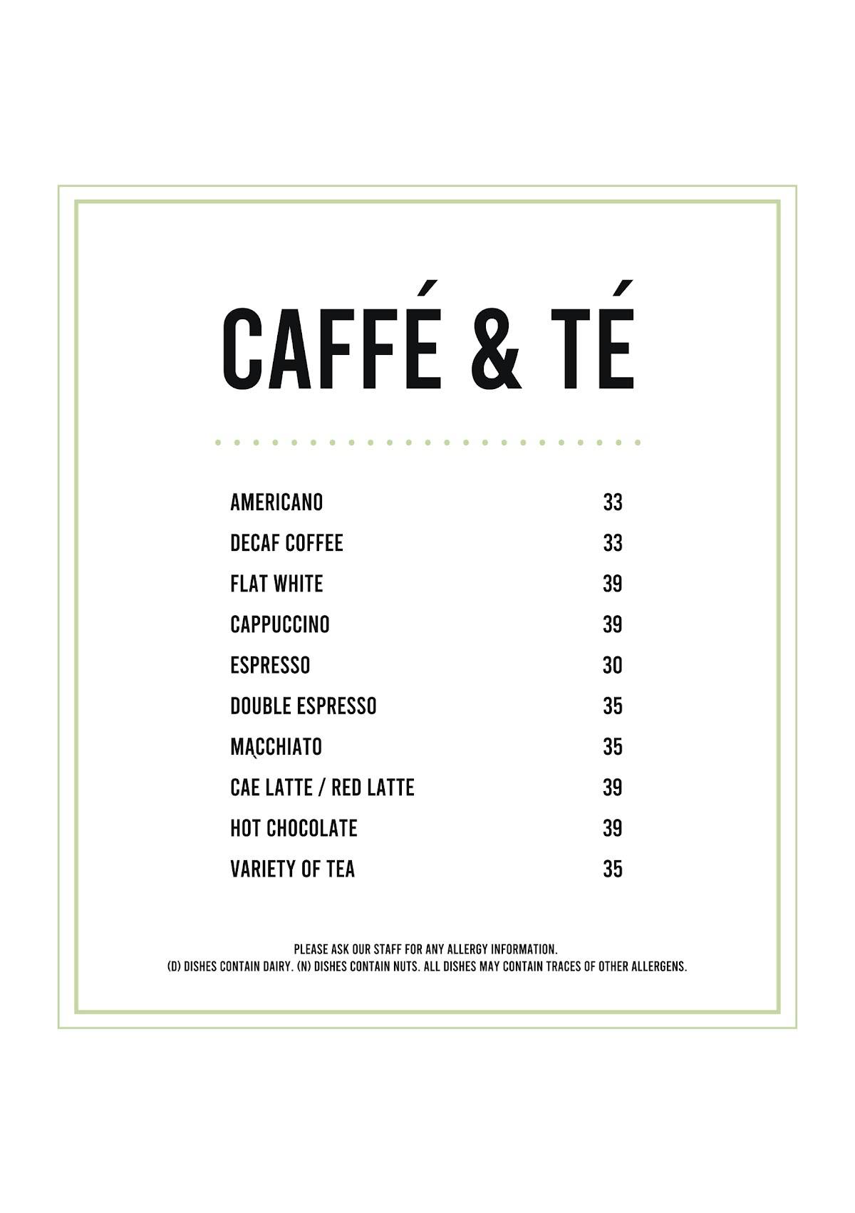Carta de Filini Restaurant, Ciudad del Cabo