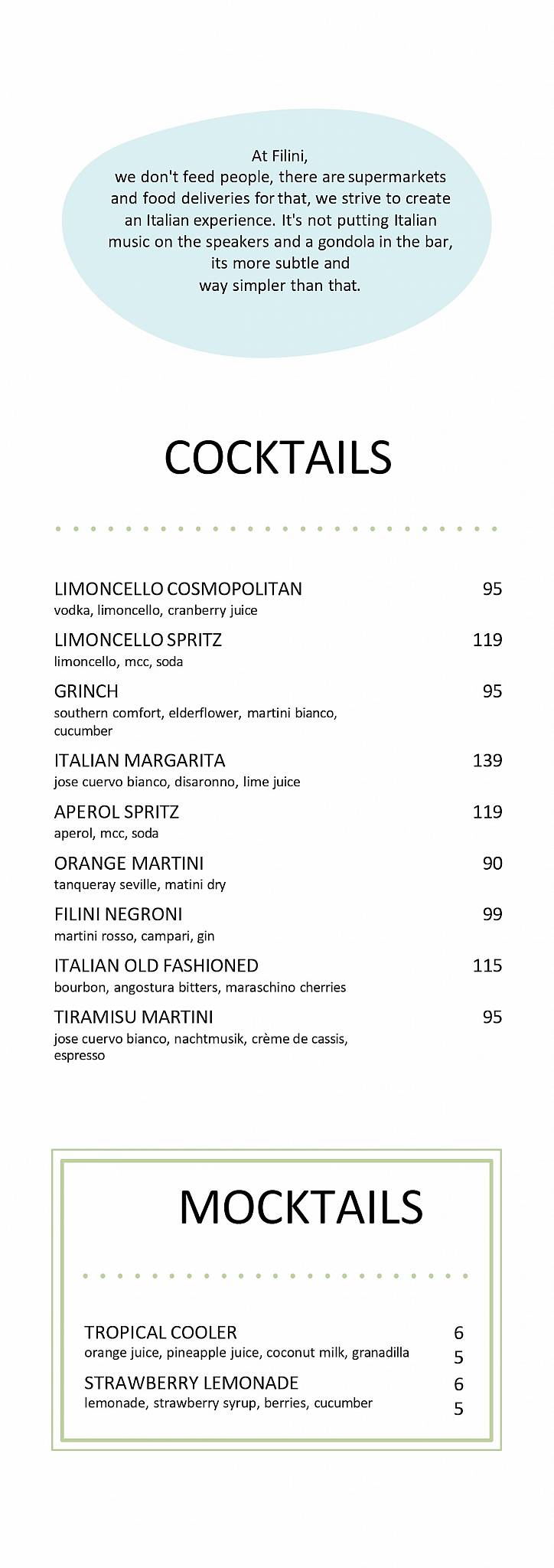 Menu at Filini Restaurant, Cape Town