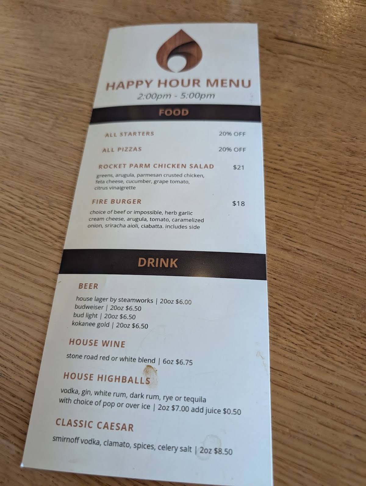 Menu at Fire & Oak pizzeria, Cranbrook