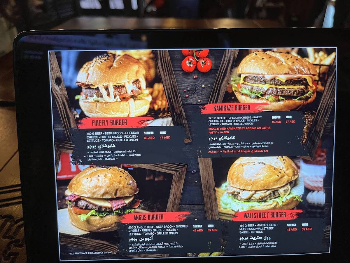 Menu at Firefly Burger restaurant, Abu Dhabi, Khalidiyah St