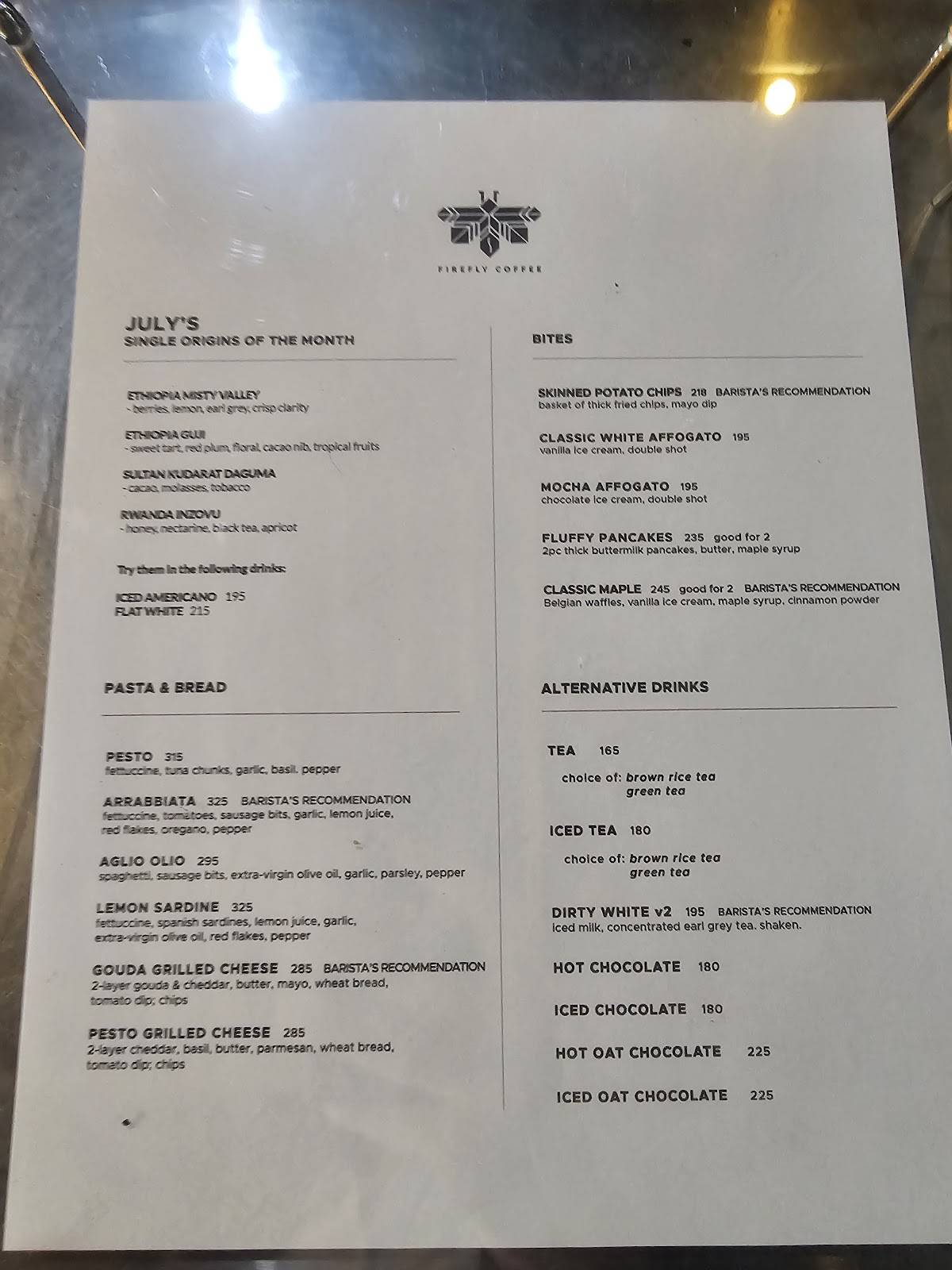 Carta del café Firefly Coffee, Ciudad Quezon