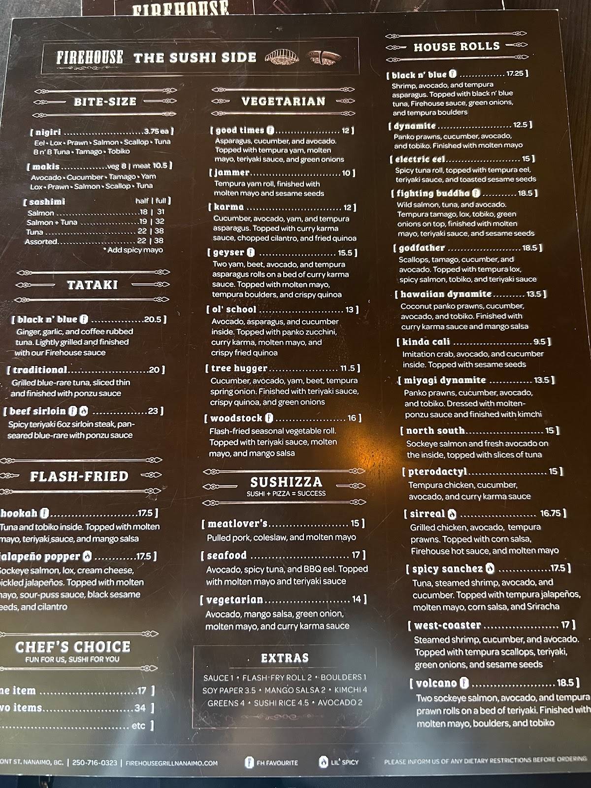 Menu at Firehouse Grill restaurant, Nanaimo