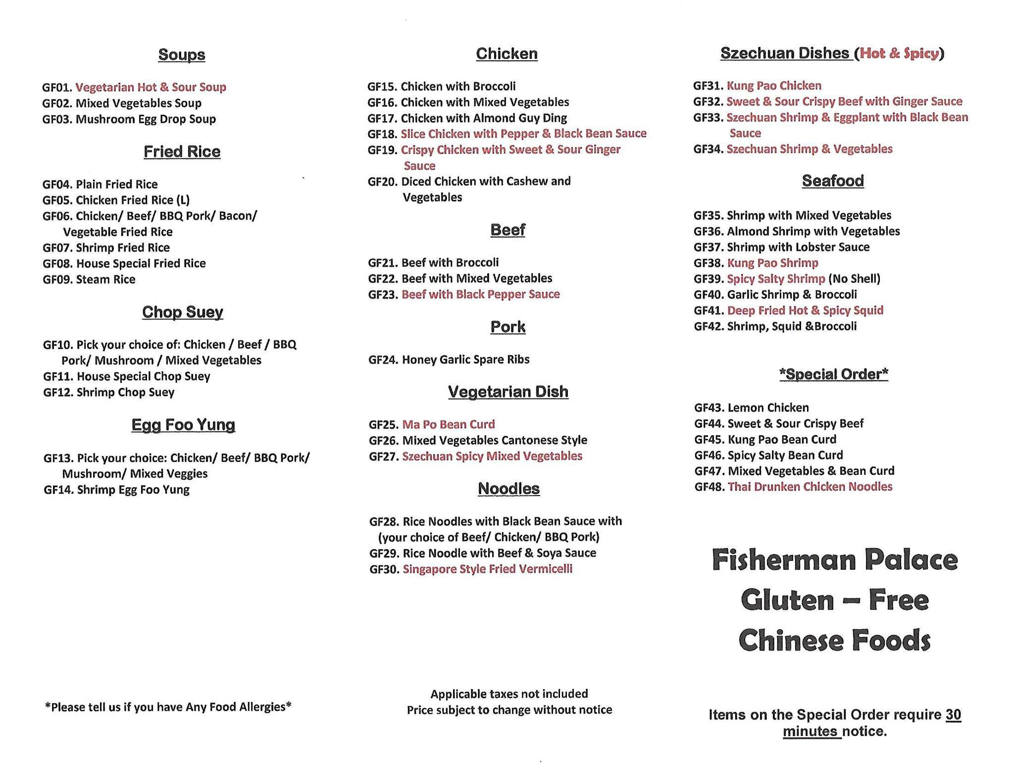 Menu at Fisherman Palace restaurant, Carleton Place