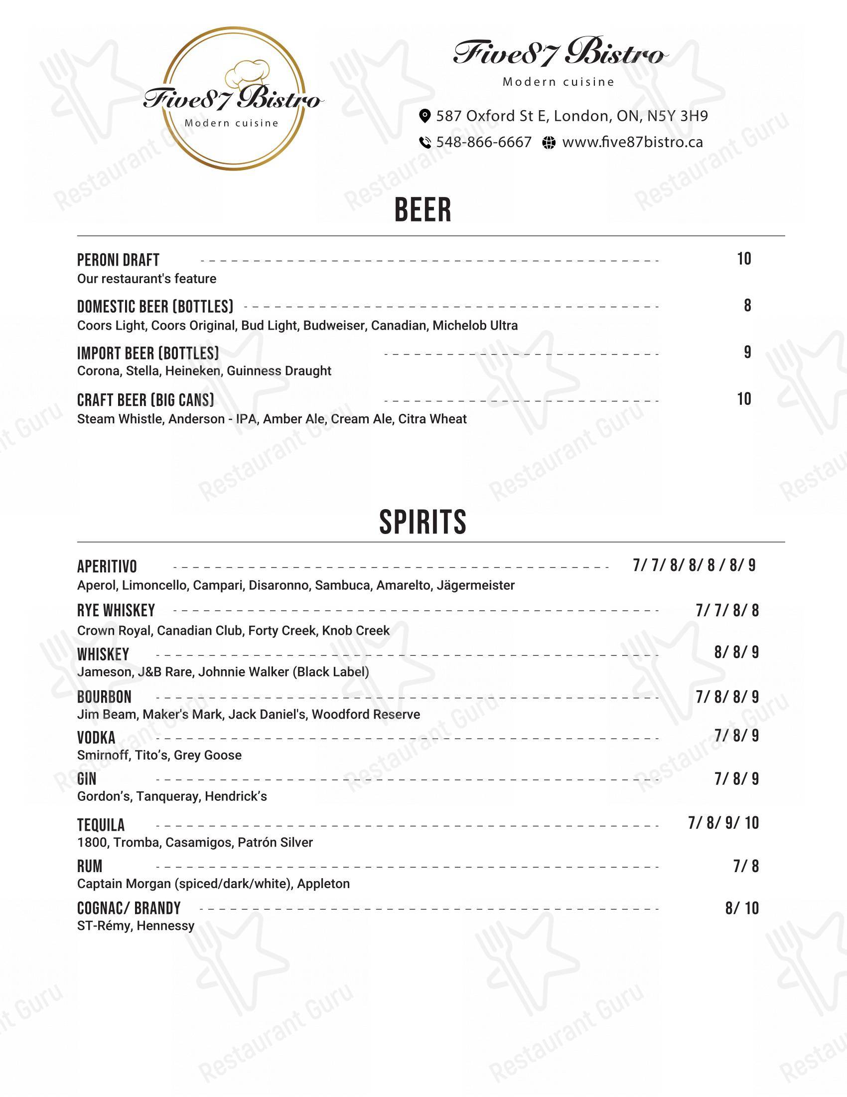 Menu at Five87 Bistro restaurant, London