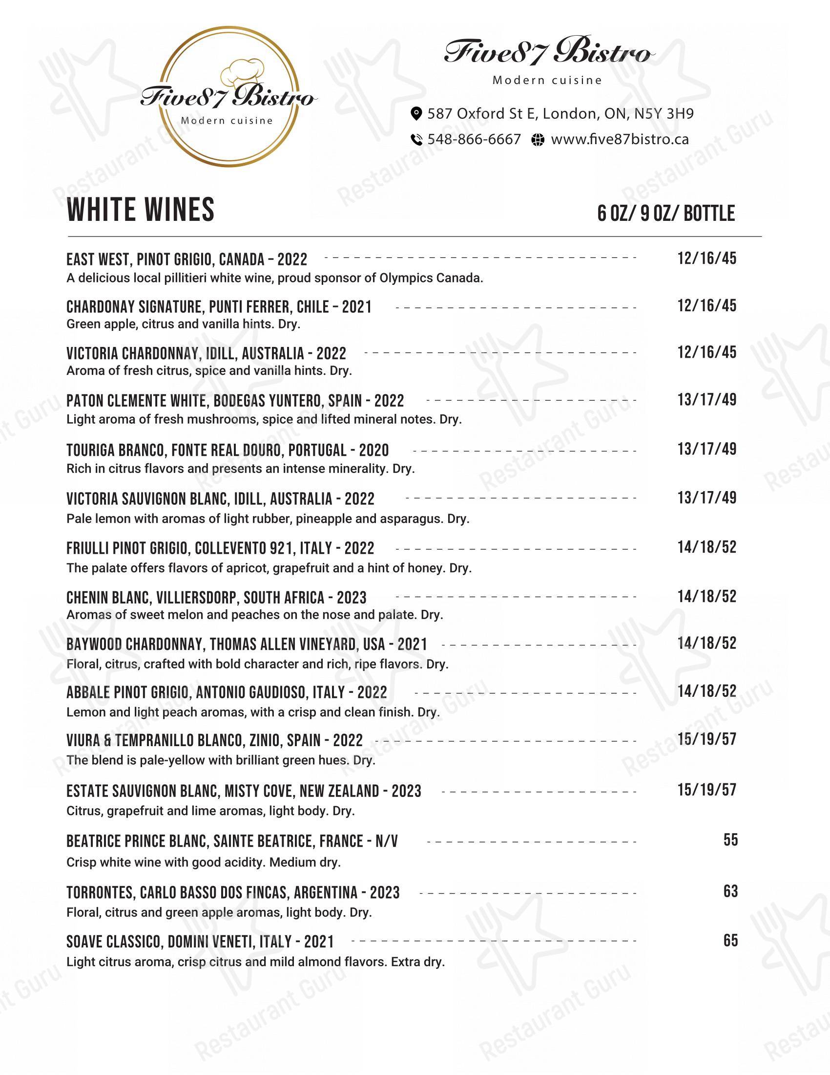 Menu at Five87 Bistro restaurant, London