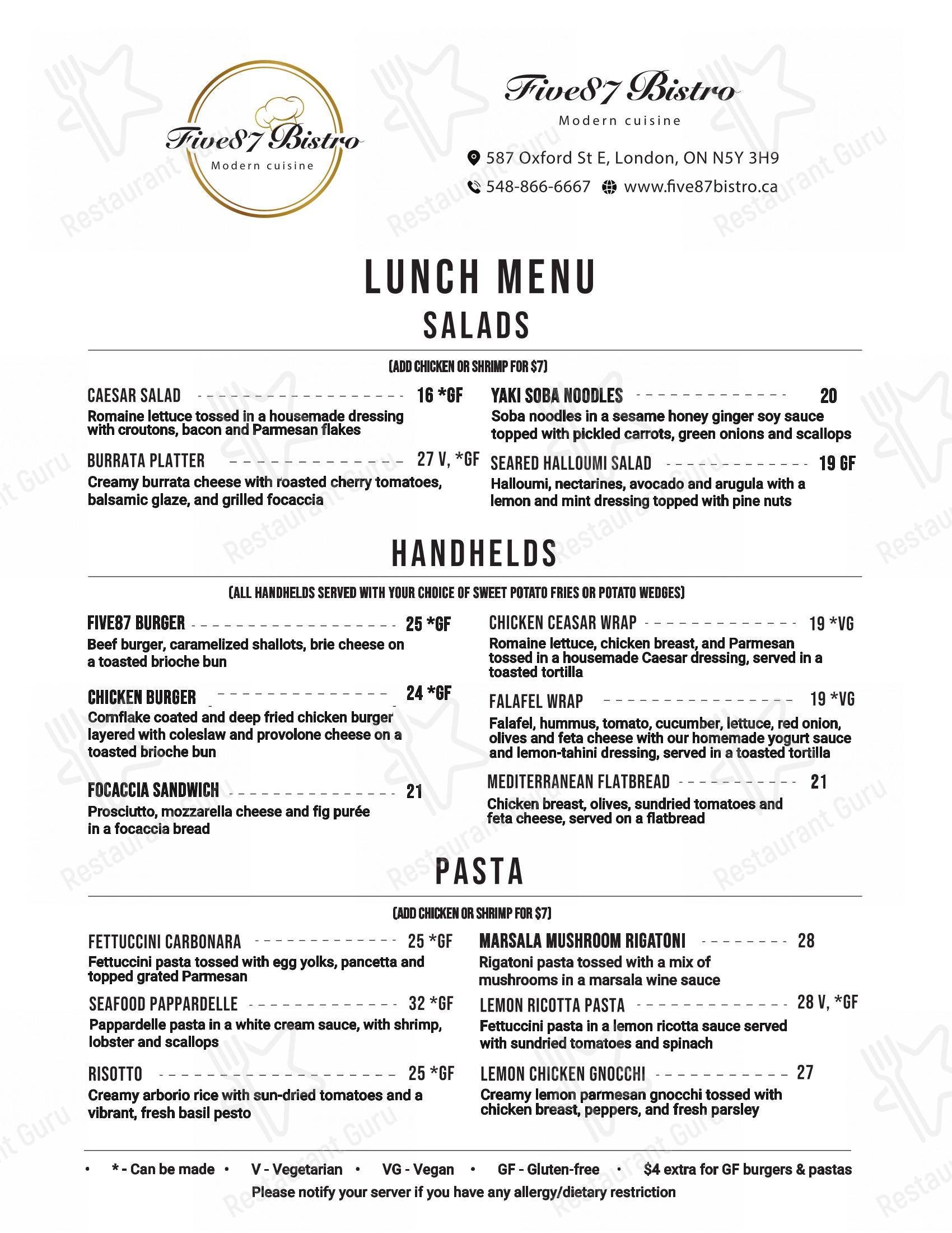 Menu at Five87 Bistro restaurant, London
