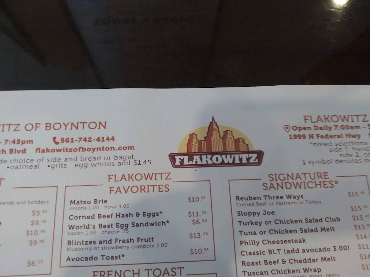 Menu at Flakowitz of Boynton restaurant, Delray Beach