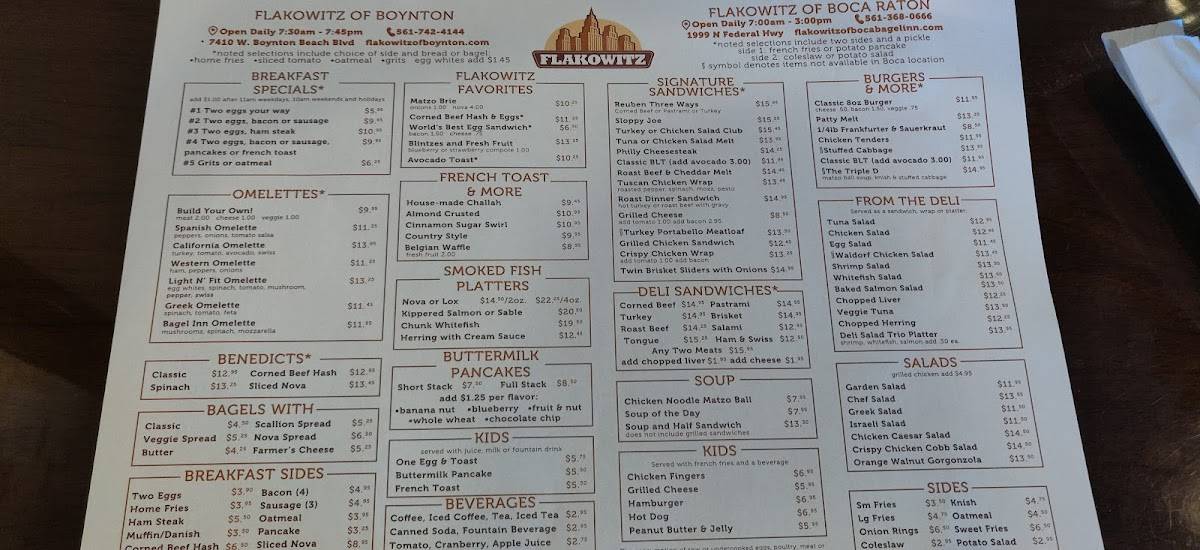 Menu at Flakowitz of Boynton restaurant, Delray Beach