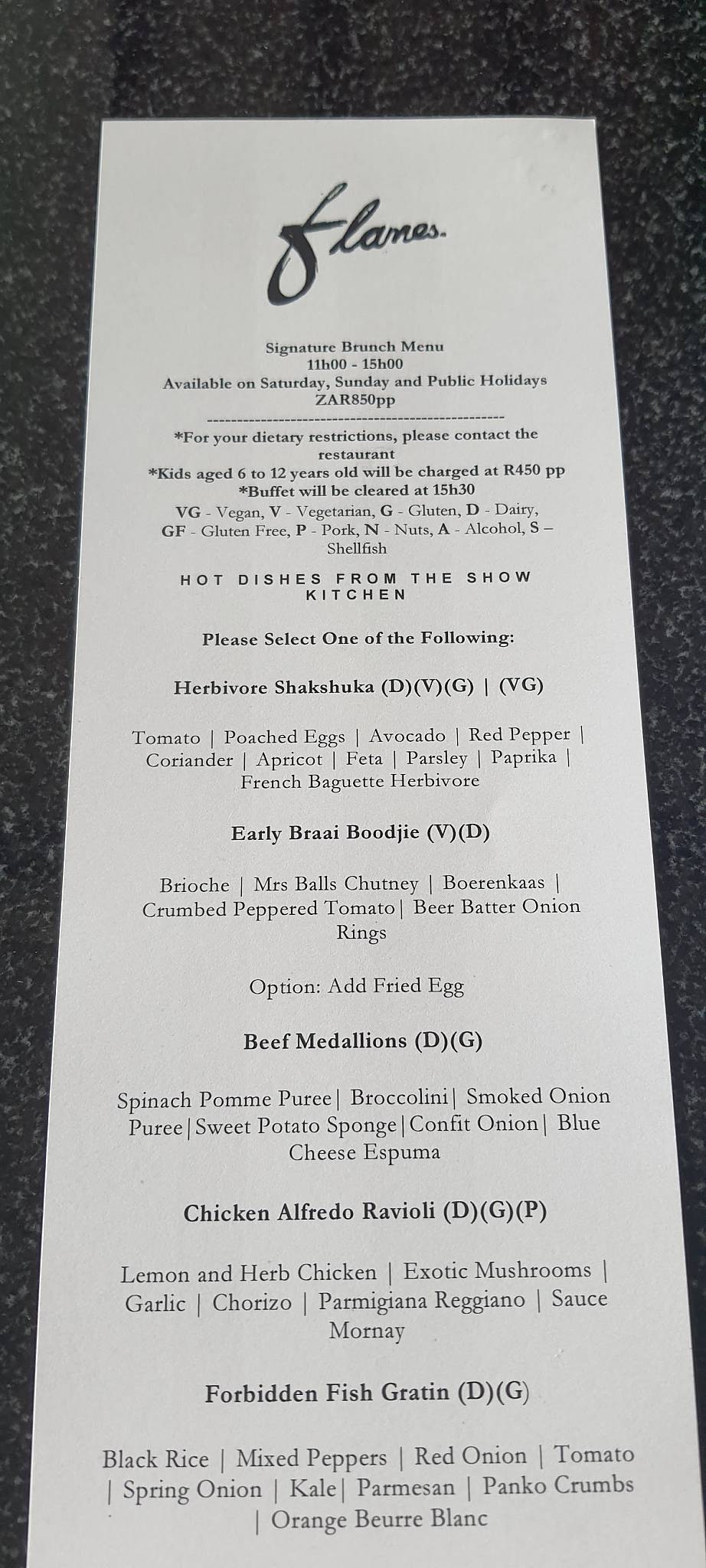 Menu at Flames restaurant, Johannesburg