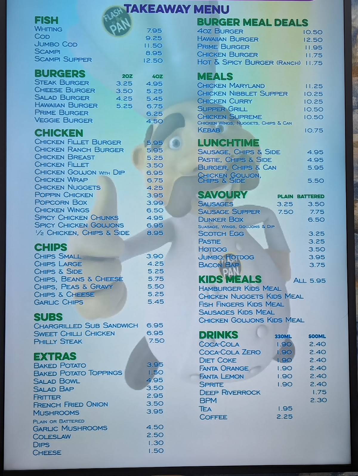 Menu at Flash In The Pan fast food, Bushmills