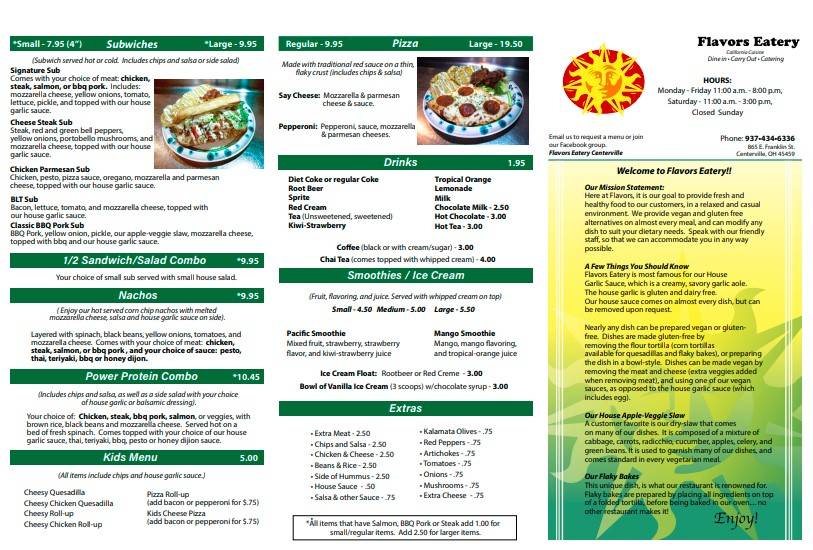 Menu at Flavors Eatery restaurant, Dayton, 865 E Franklin St