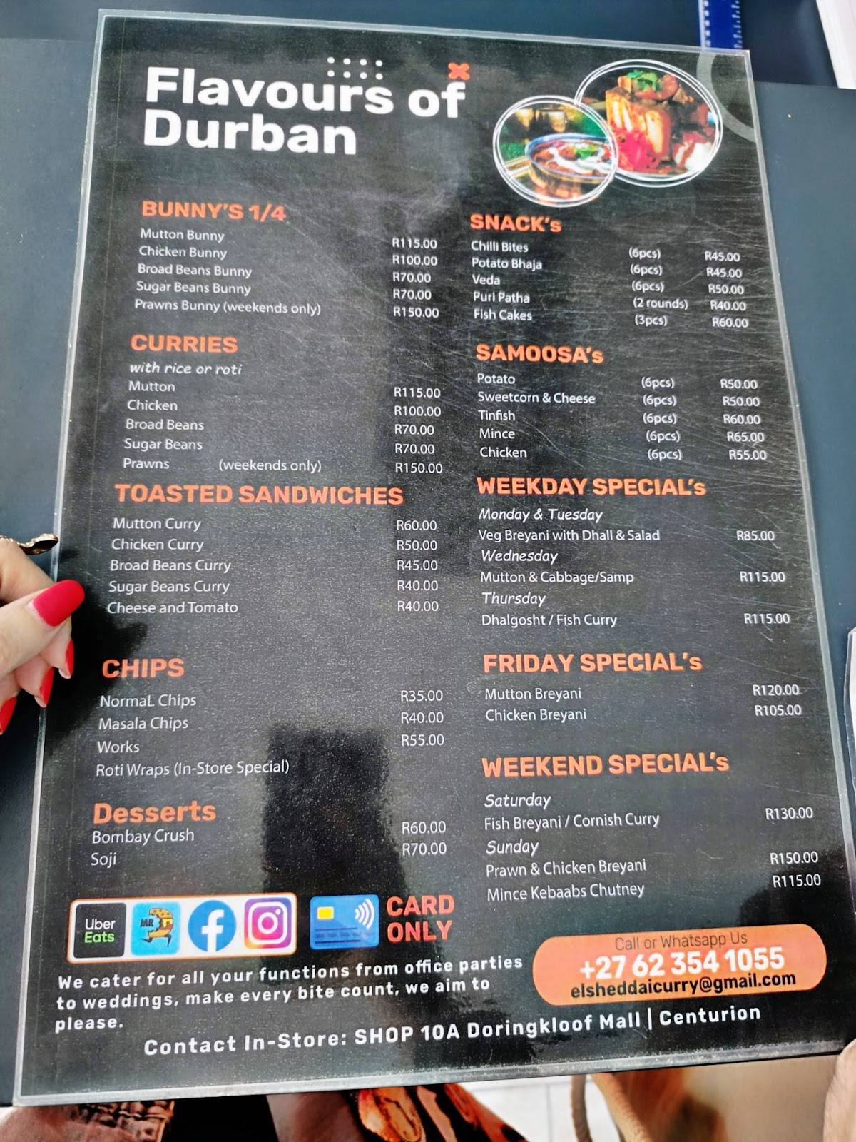 Menu at Flavours Of Durban restaurant, Centurion