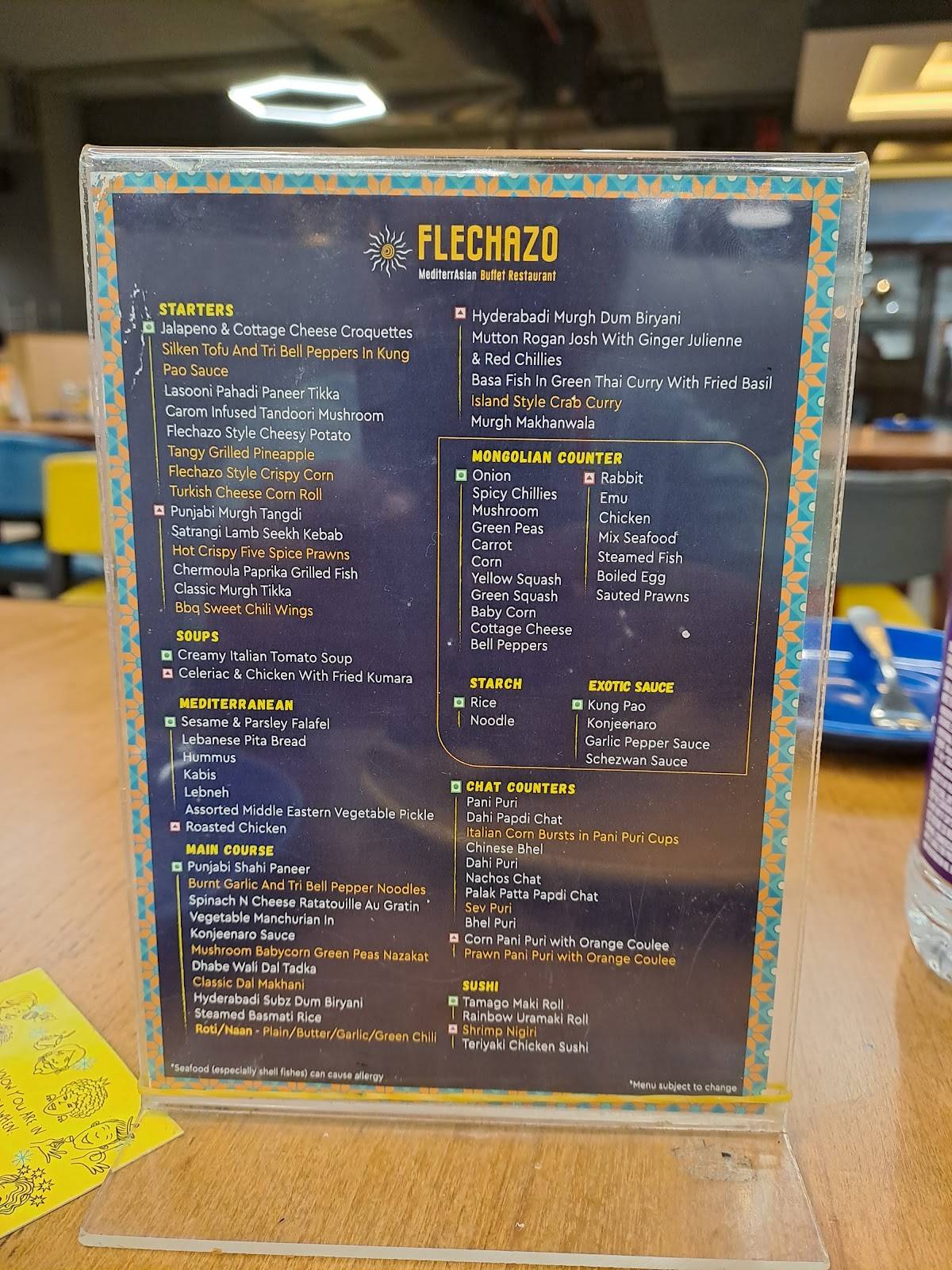 Menu at Flechazo Gold, Gachibowli, Hyderabad, Gachibowli Flyover