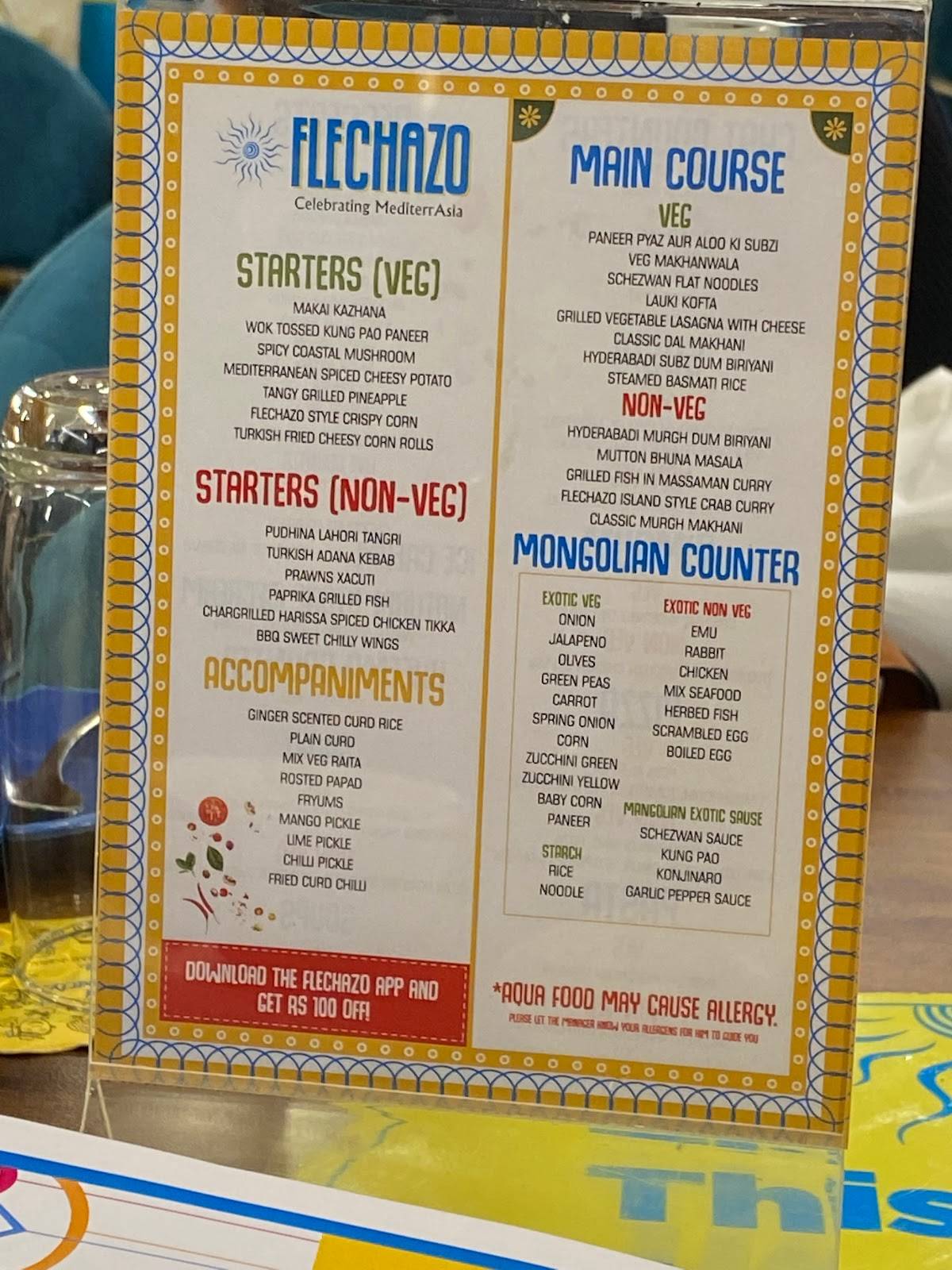 Menu at Flechazo Gachibowli, Hyderabad, Gachibowli Flyover