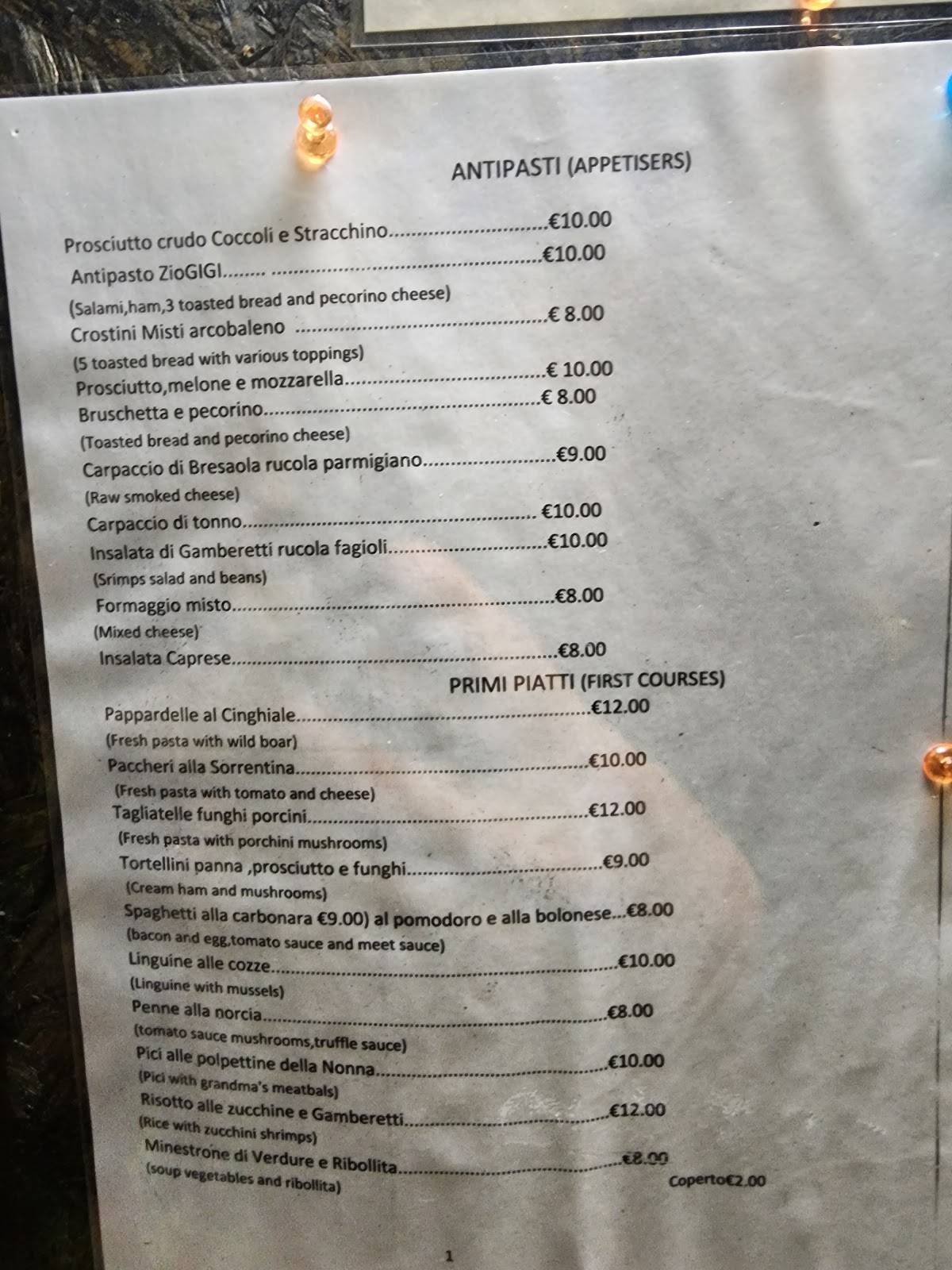 Menu at Zio Gigi restaurant, Florence