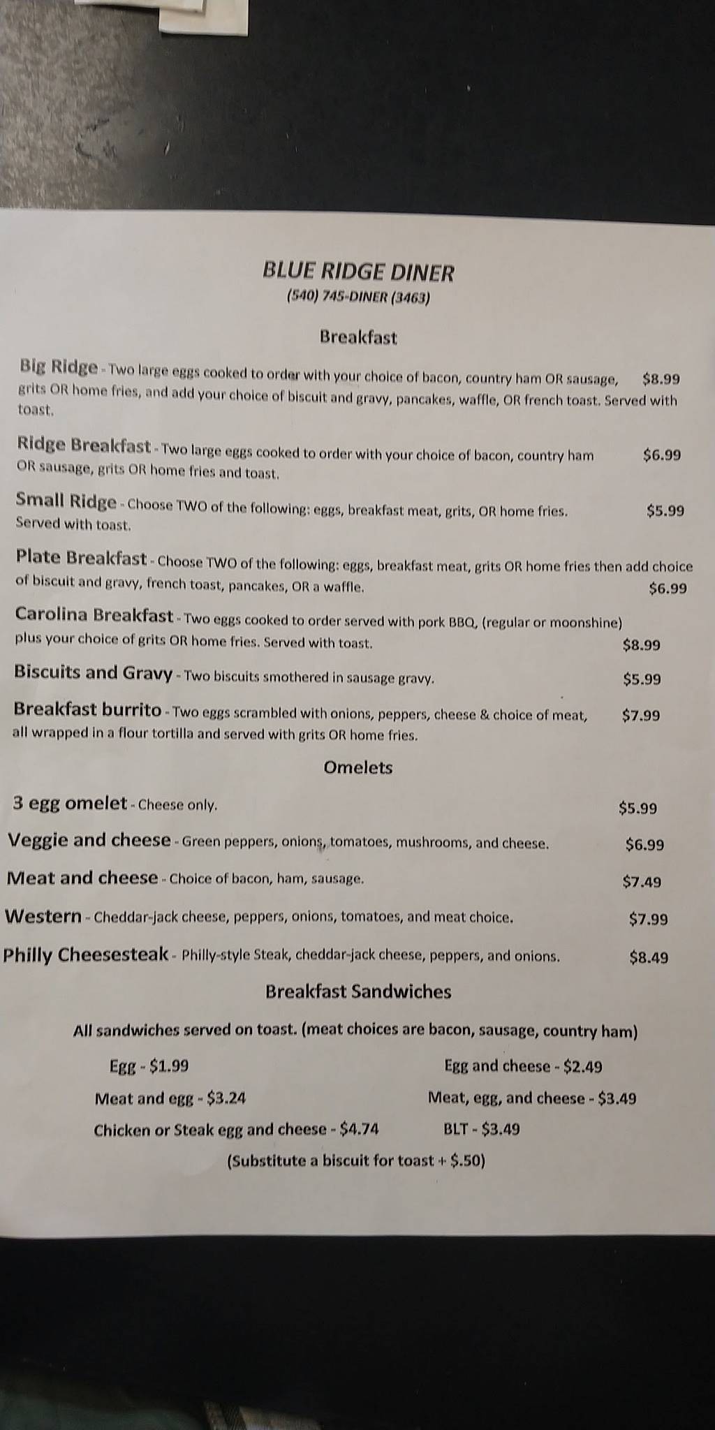 Menu at Blue Ridge Diner cafe, Floyd, 113 E Main St