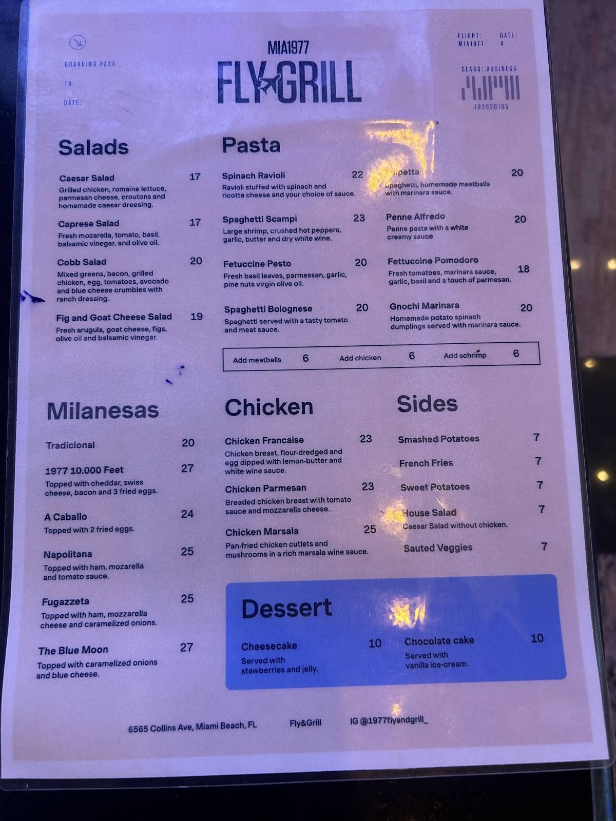 Menu at Fly & Grill restaurant, Miami Beach