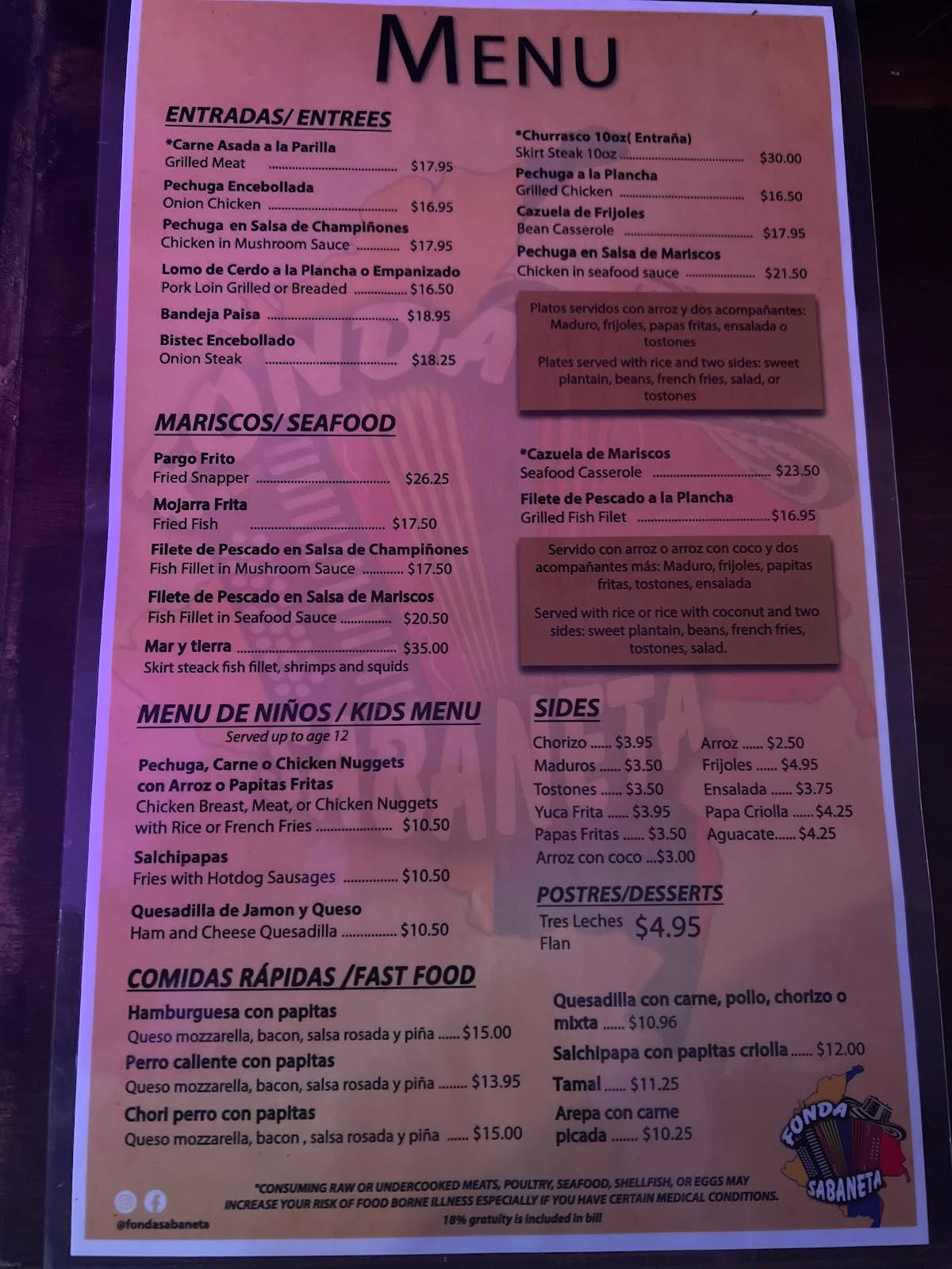 Menu at Fonda Sabaneta restaurant, Miami