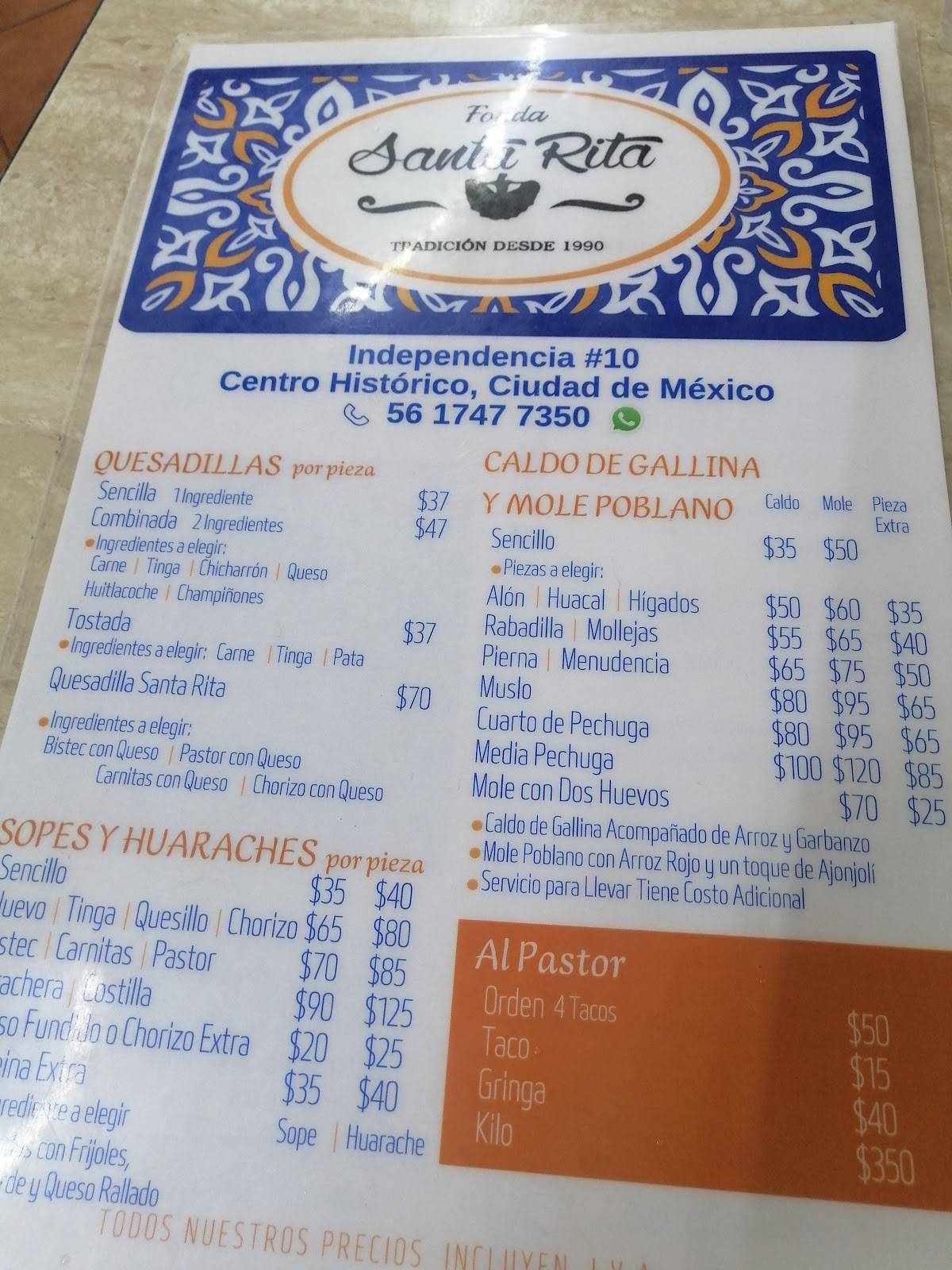 Carta del restaurante Fonda Santa Rita, Ciudad del México, Cuauhtémoc 10