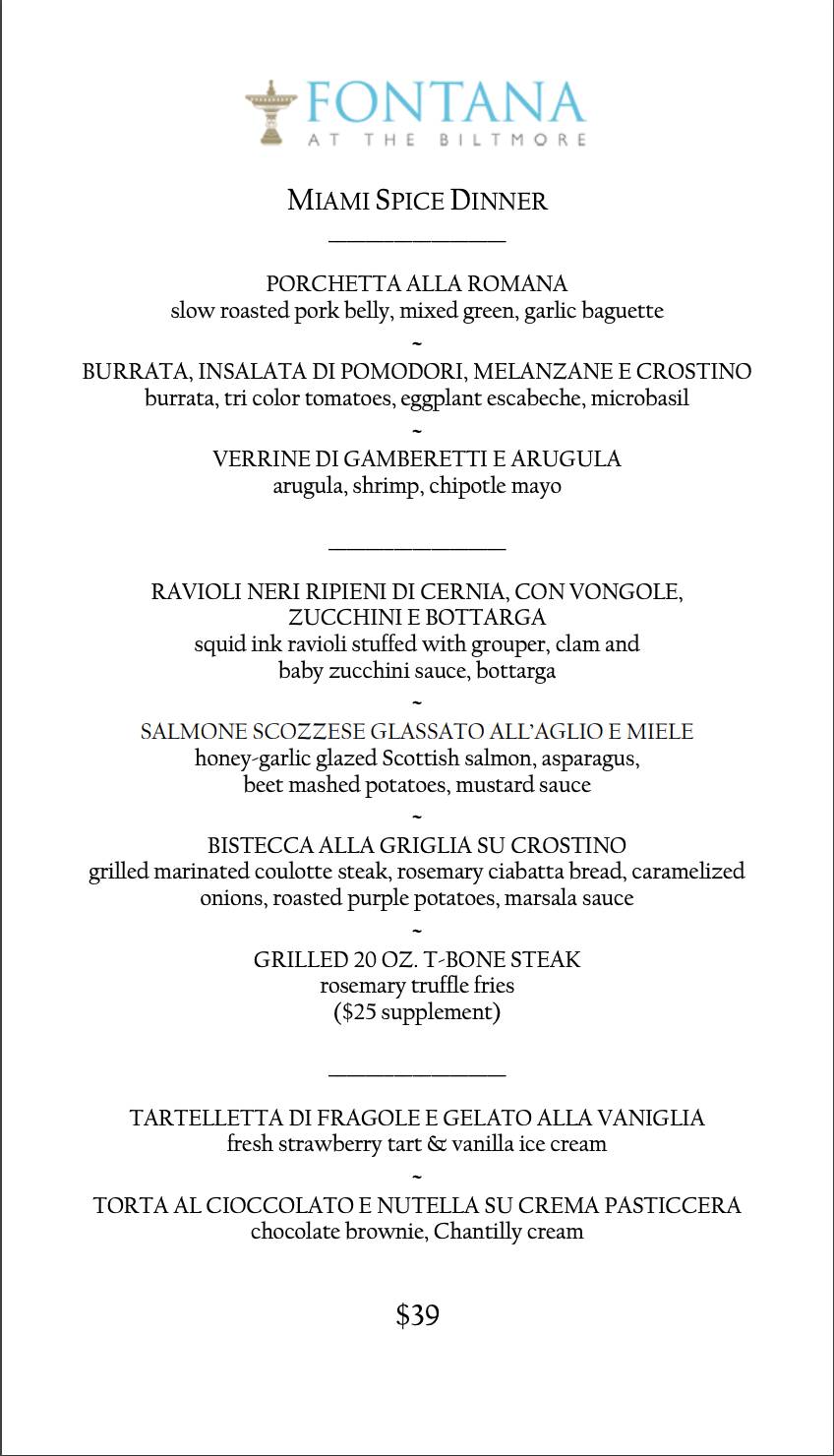 Menu at Fontana Italian Biltmore Hotel Miami restaurant, Coral Gables
