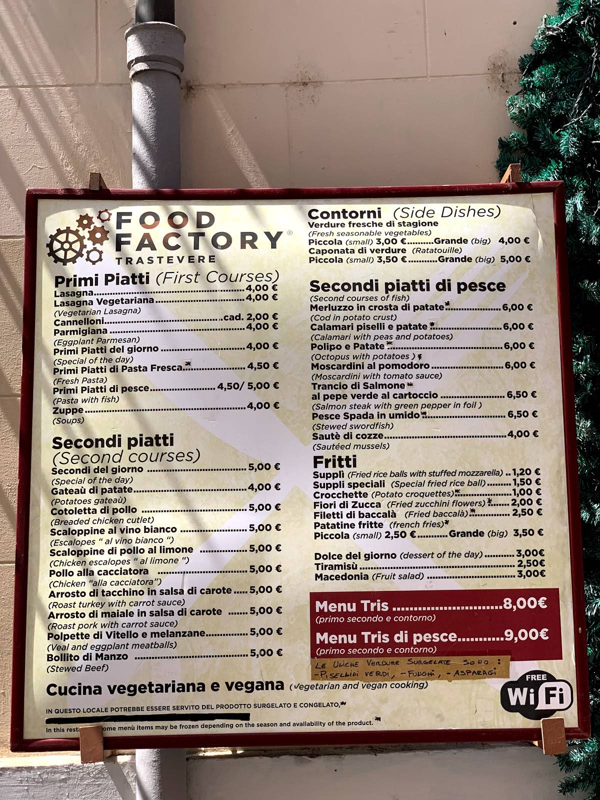 Menu at Food Factory Trastevere restaurant, Rome