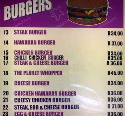 Menu at The Food Planet restaurant, Cape Town, 1 De Kock St