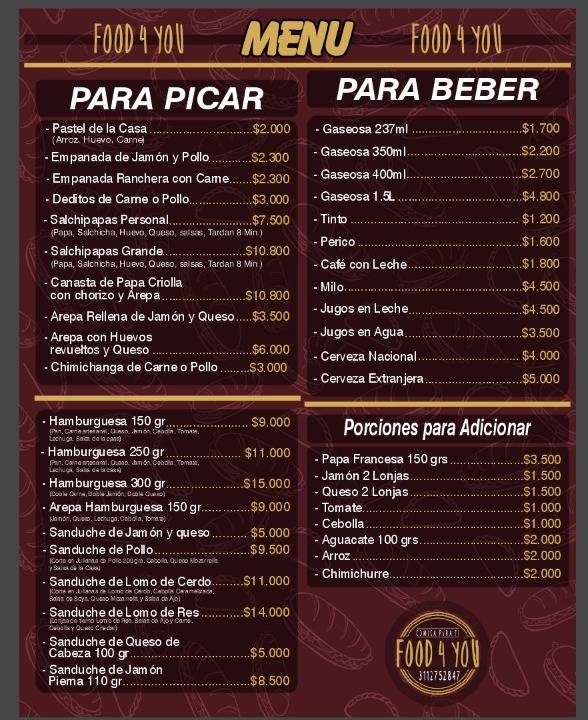 Menu at Food4You restaurant, Bogotá