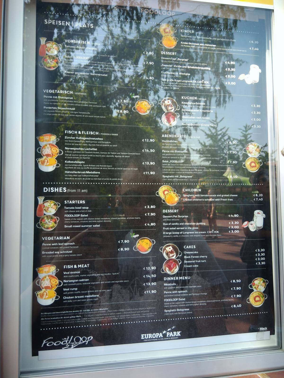 Menu au FoodLoop restaurant, Rust, Europa-Park-Straße 2