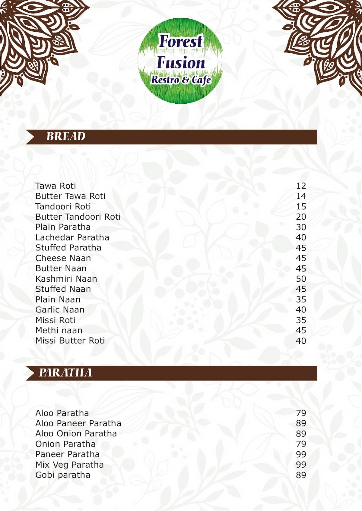 Menu at Forest Fusion, Udaipur