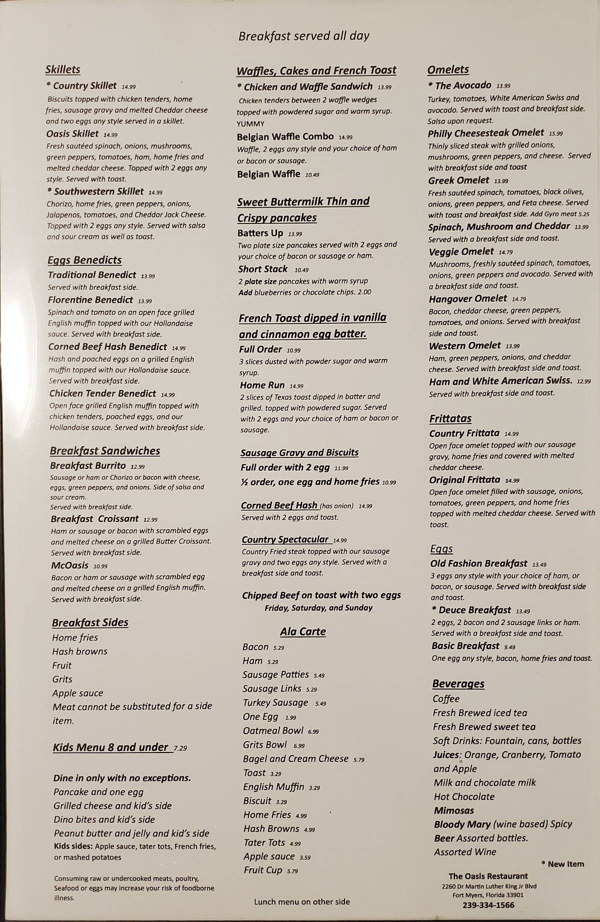 Menu at Oasis Restaurant, Fort Myers, Dr Martin Luther King Jr Blvd