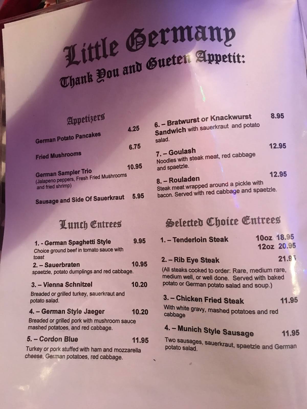 Menu at Little Germany restaurant, Fort Worth, Camp Bowie Blvd