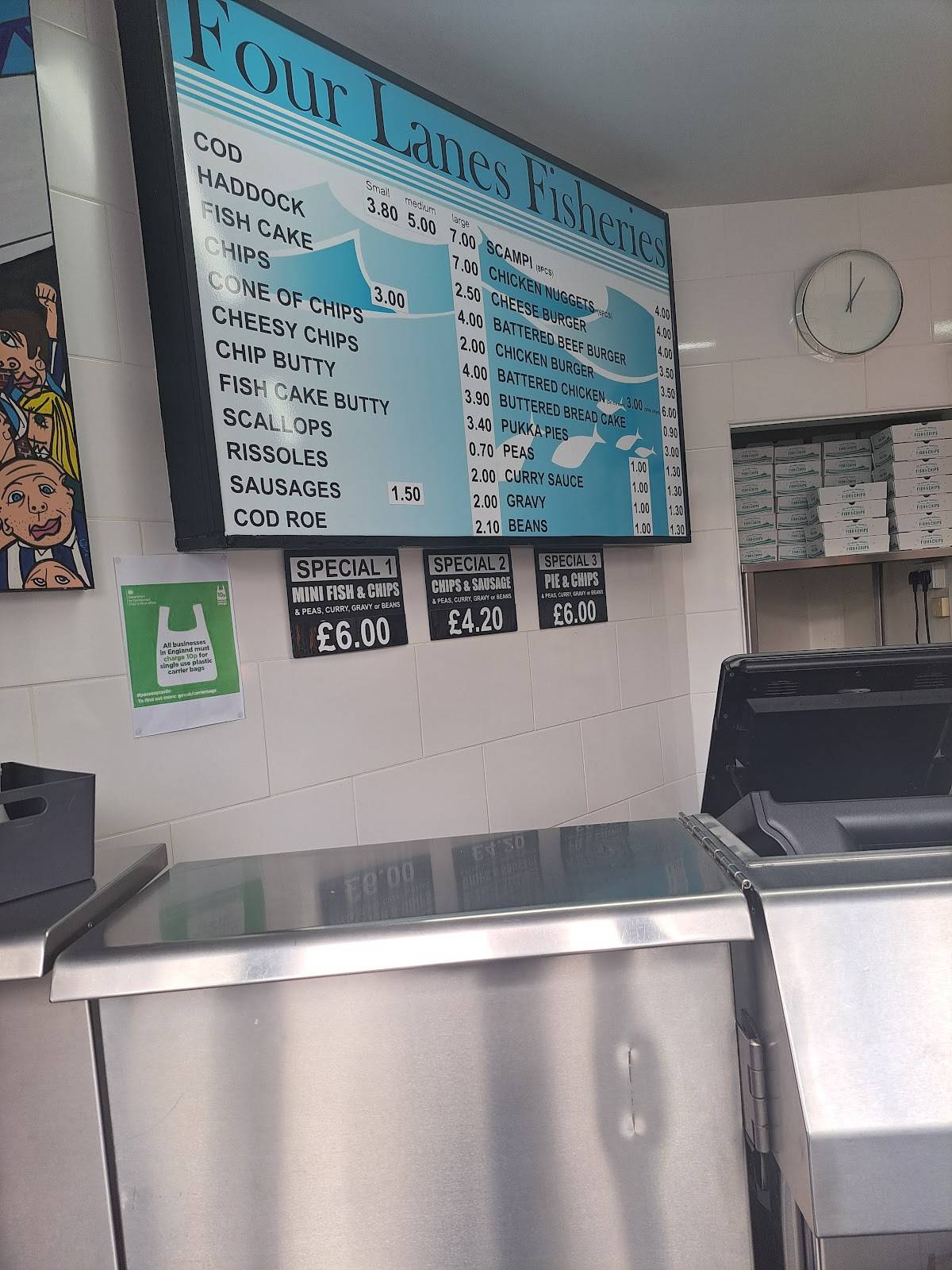 Menu at Four Lanes Fisheries fast food, Sheffield