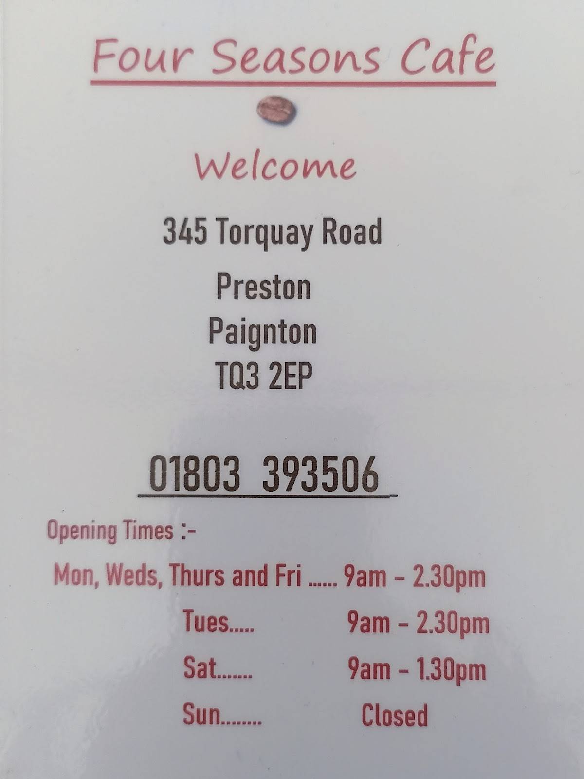 Menu at Four Seasons cafe, Paignton