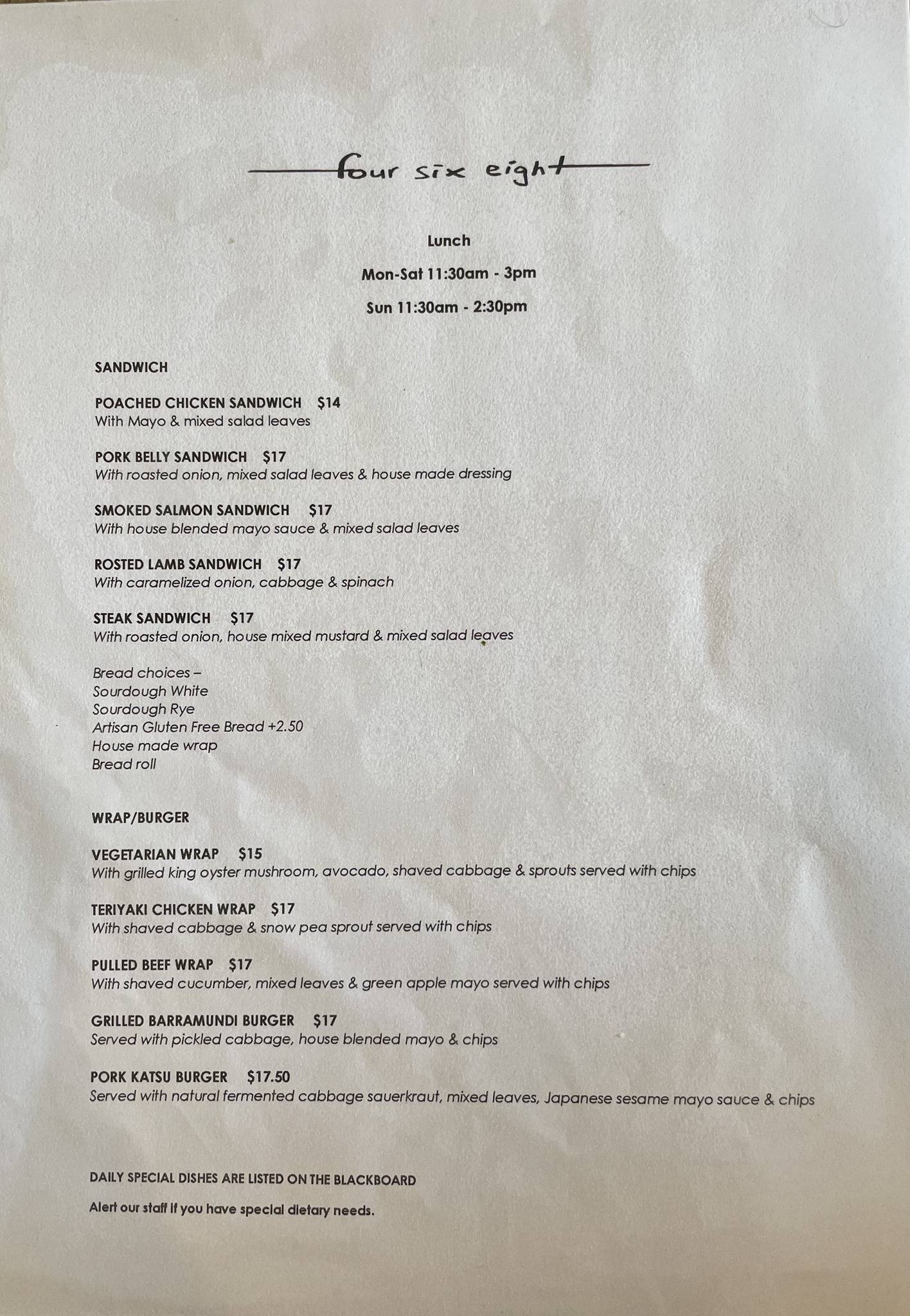 Menu at Four Six Eight Cafe, Paddington