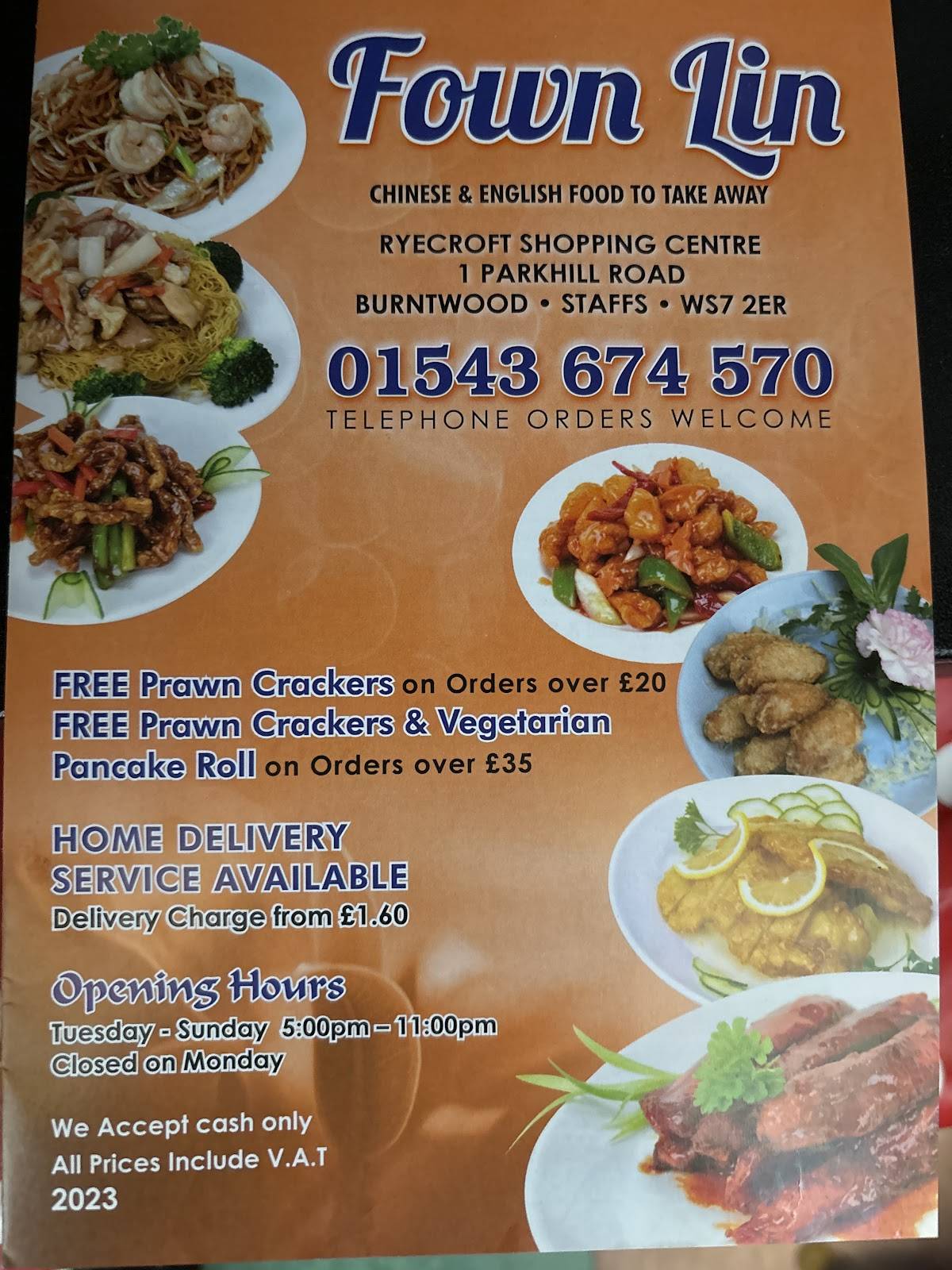 Menu at Fown Lin fast food, Burntwood