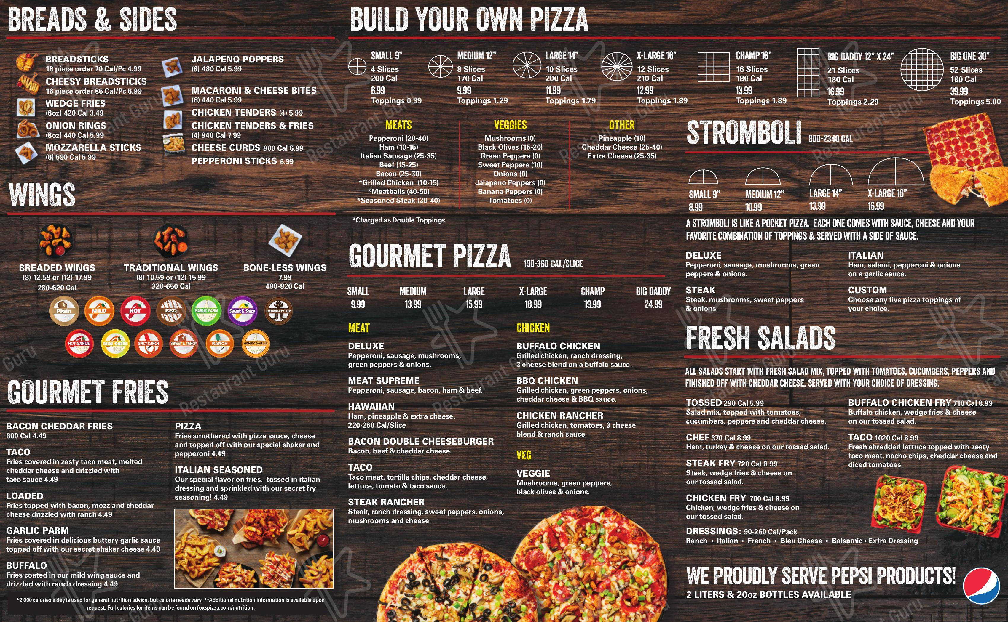 Menu at Fox's Pizza Den restaurant, Hastings