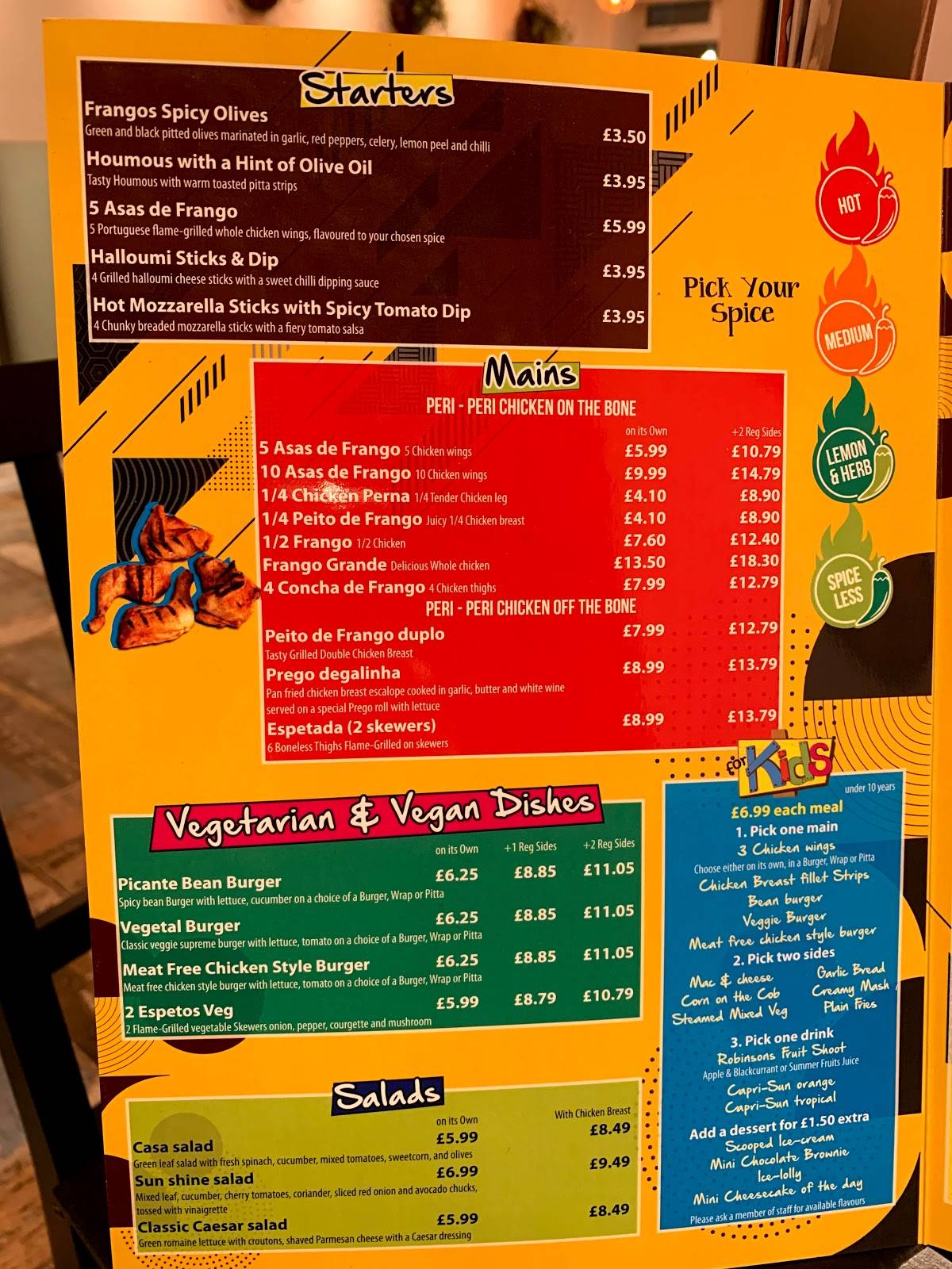 Menu at Frangos restaurant, Nottingham